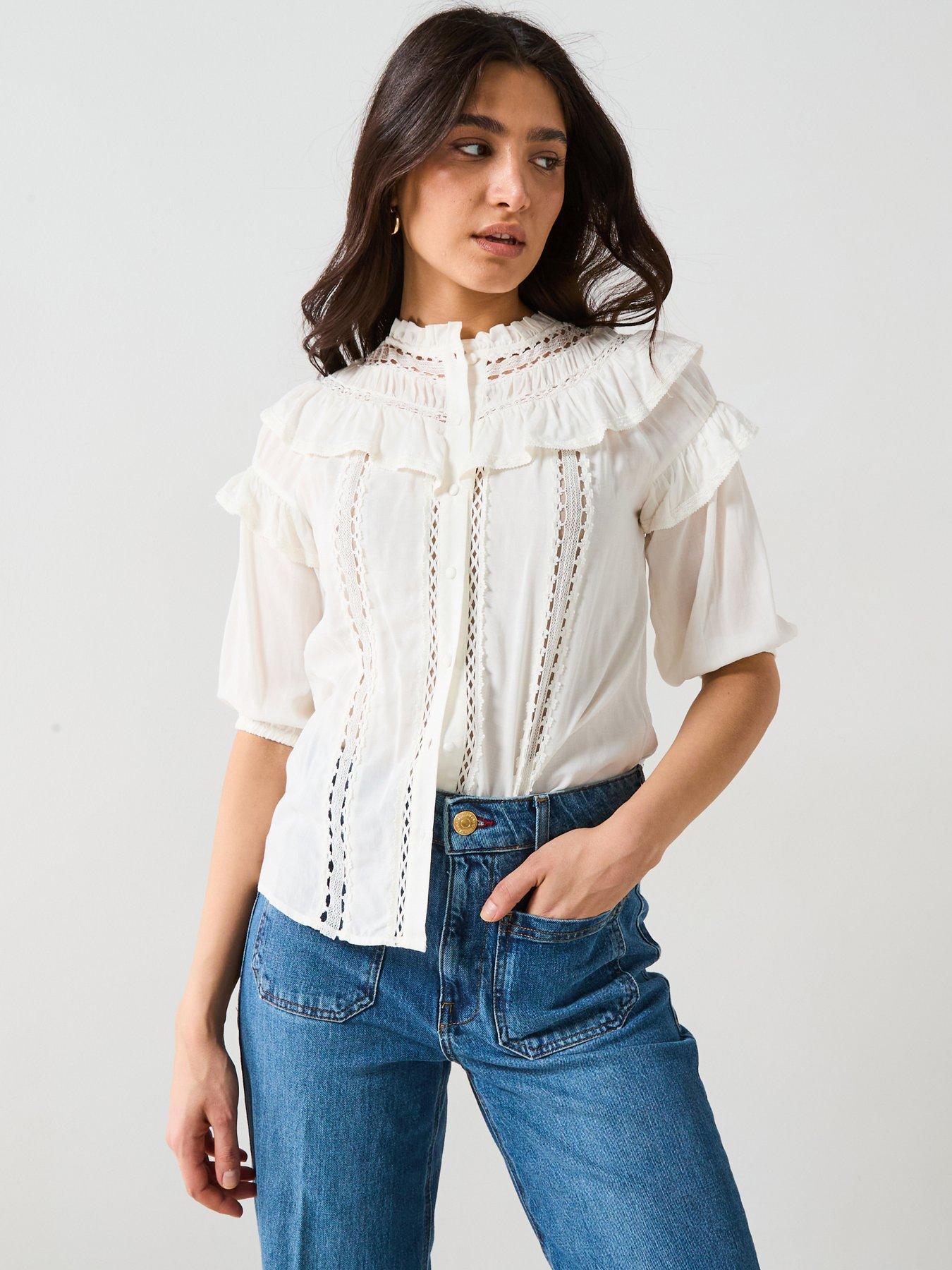 V by Very Lace Ruffle Boho Blouse - White | Littlewoods