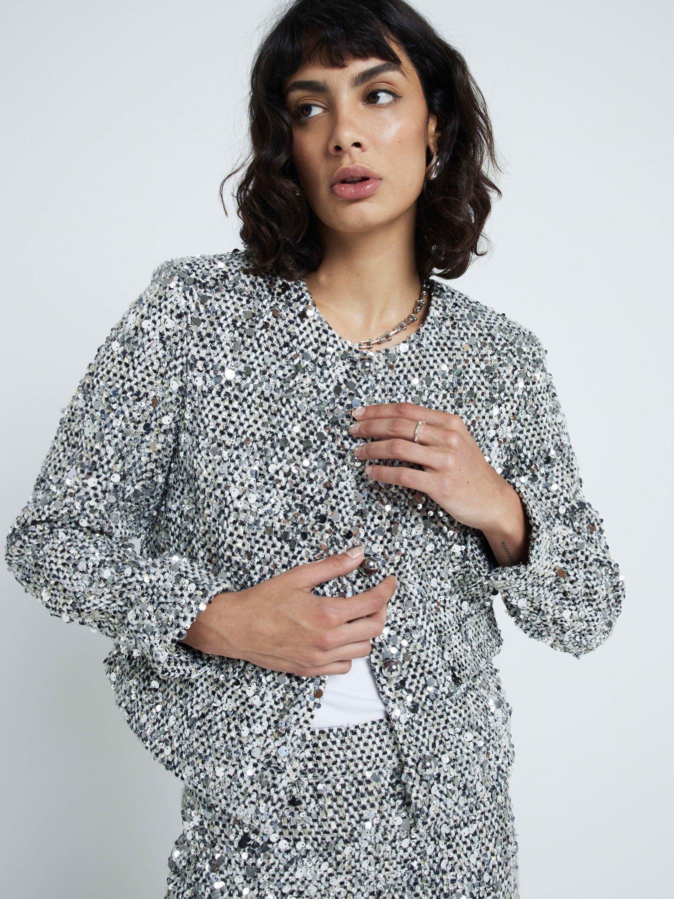 River Island Sparkly Collarless Jacket - Silver | littlewoods.com