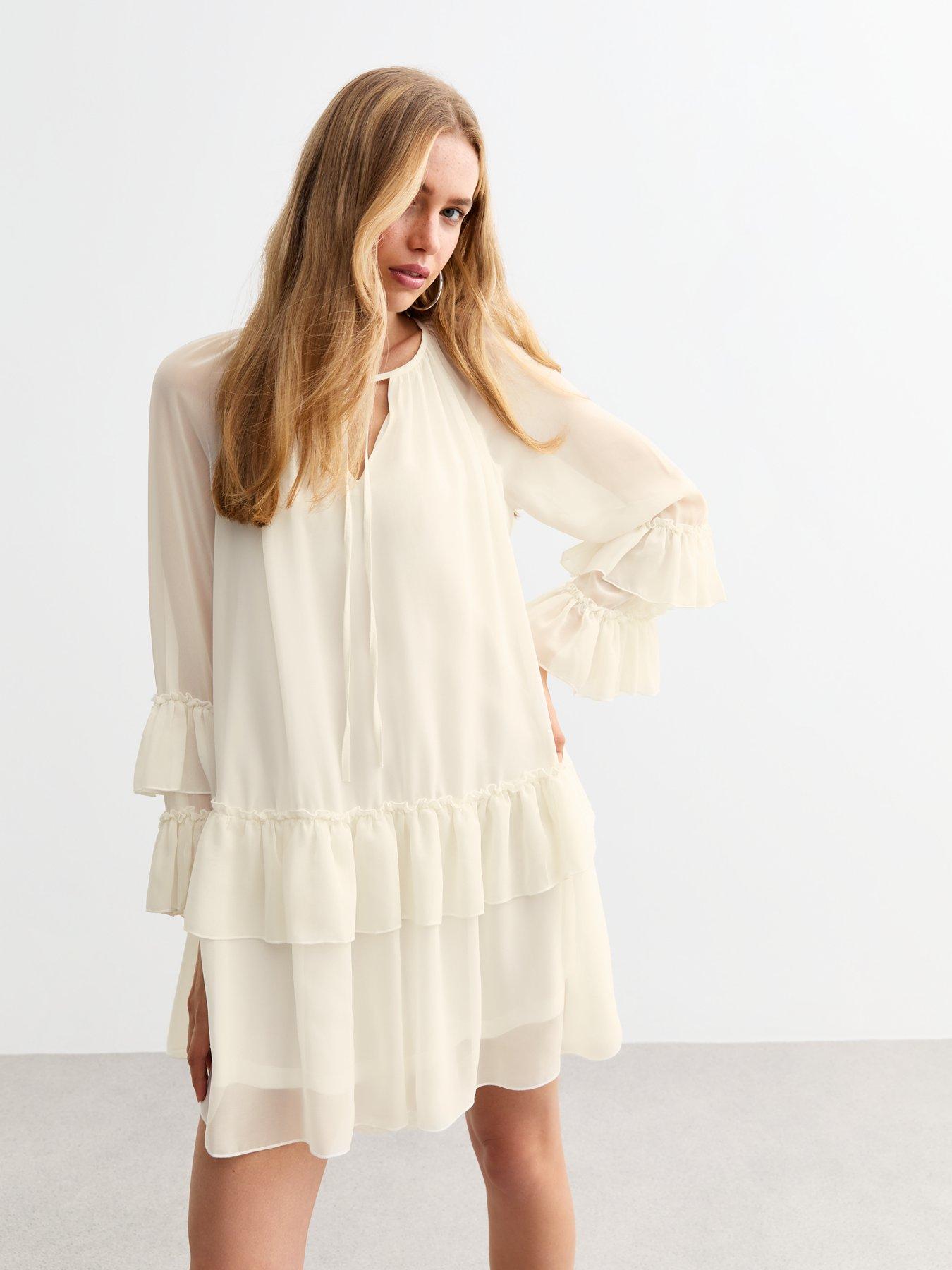 New Look Tiered Ruffled Chiffon Mini Dress - Off White | littlewoods.com