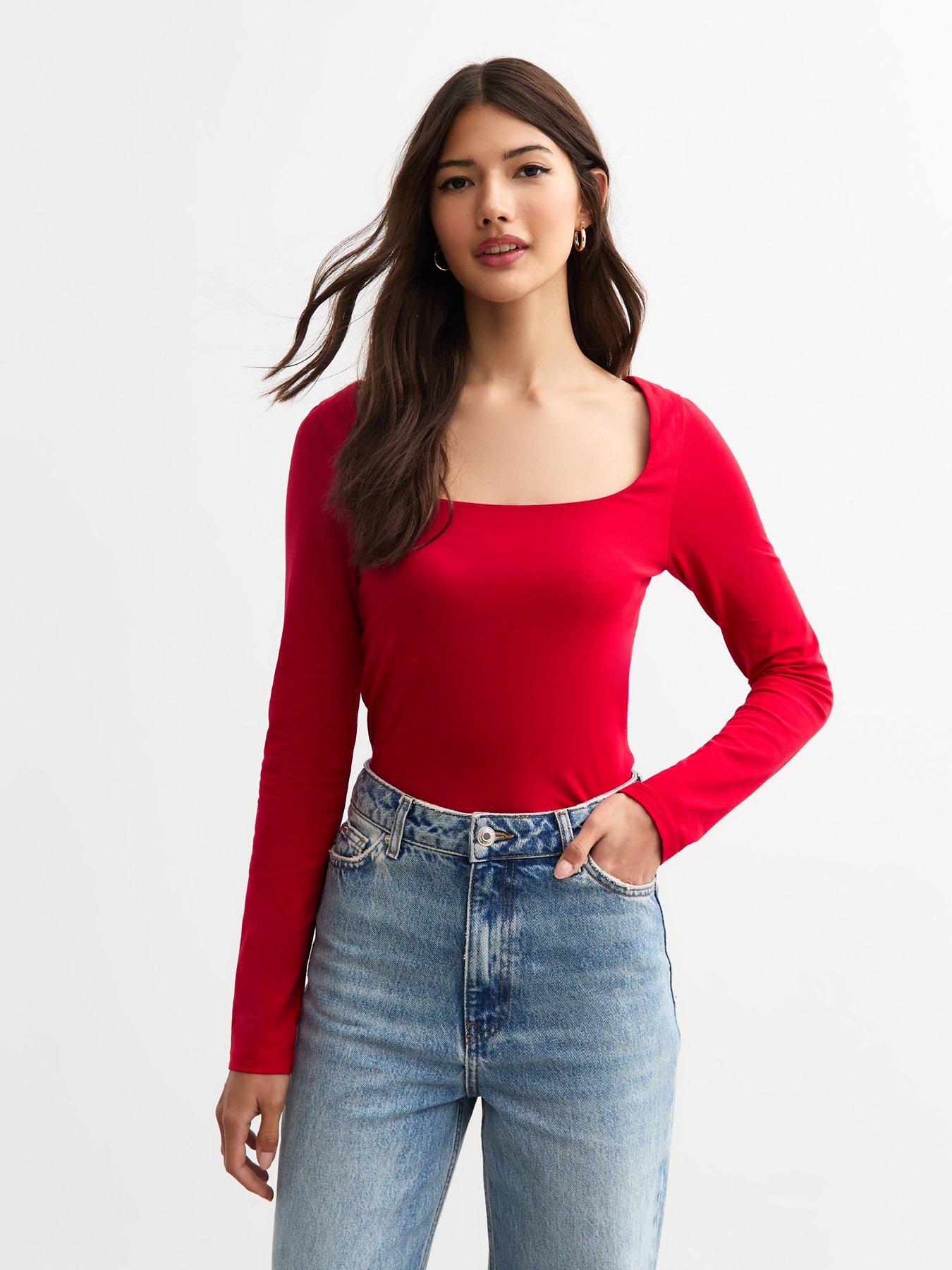 New Look Square Neck Long Sleeve Top - Red | Littlewoods