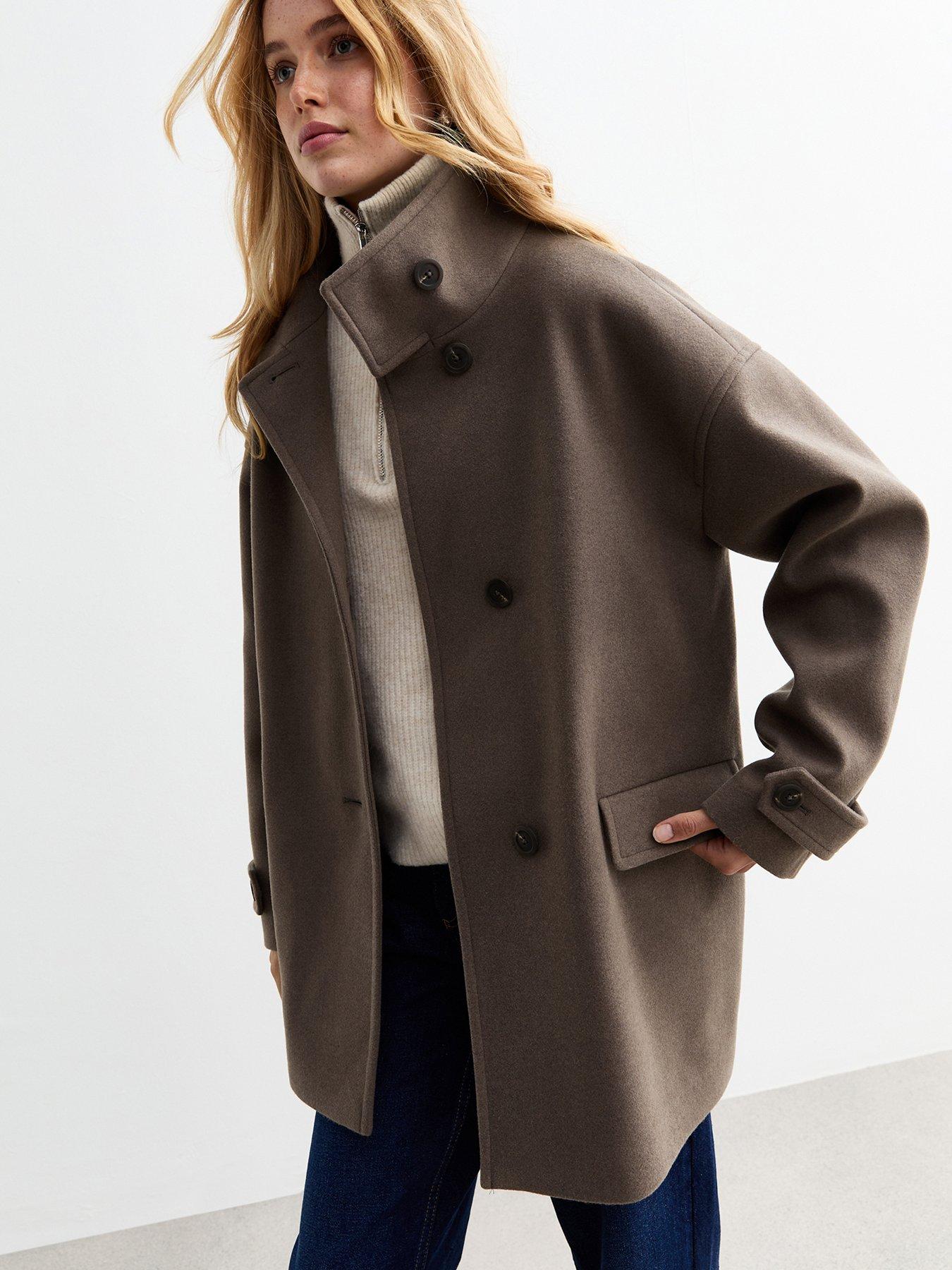 Beige Woven Collared Pea Coat Brown