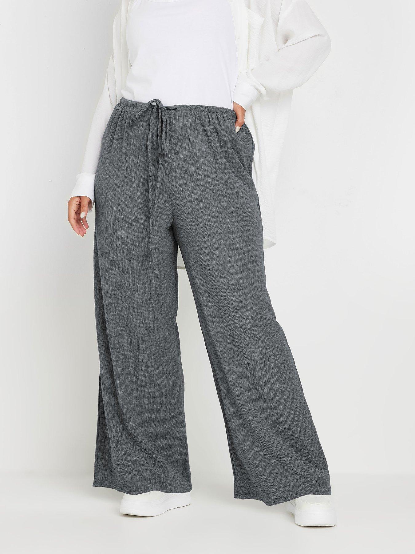 Yours Curve Textured Tie Waist Wide Leg Trouser - Grey | Littlewoods