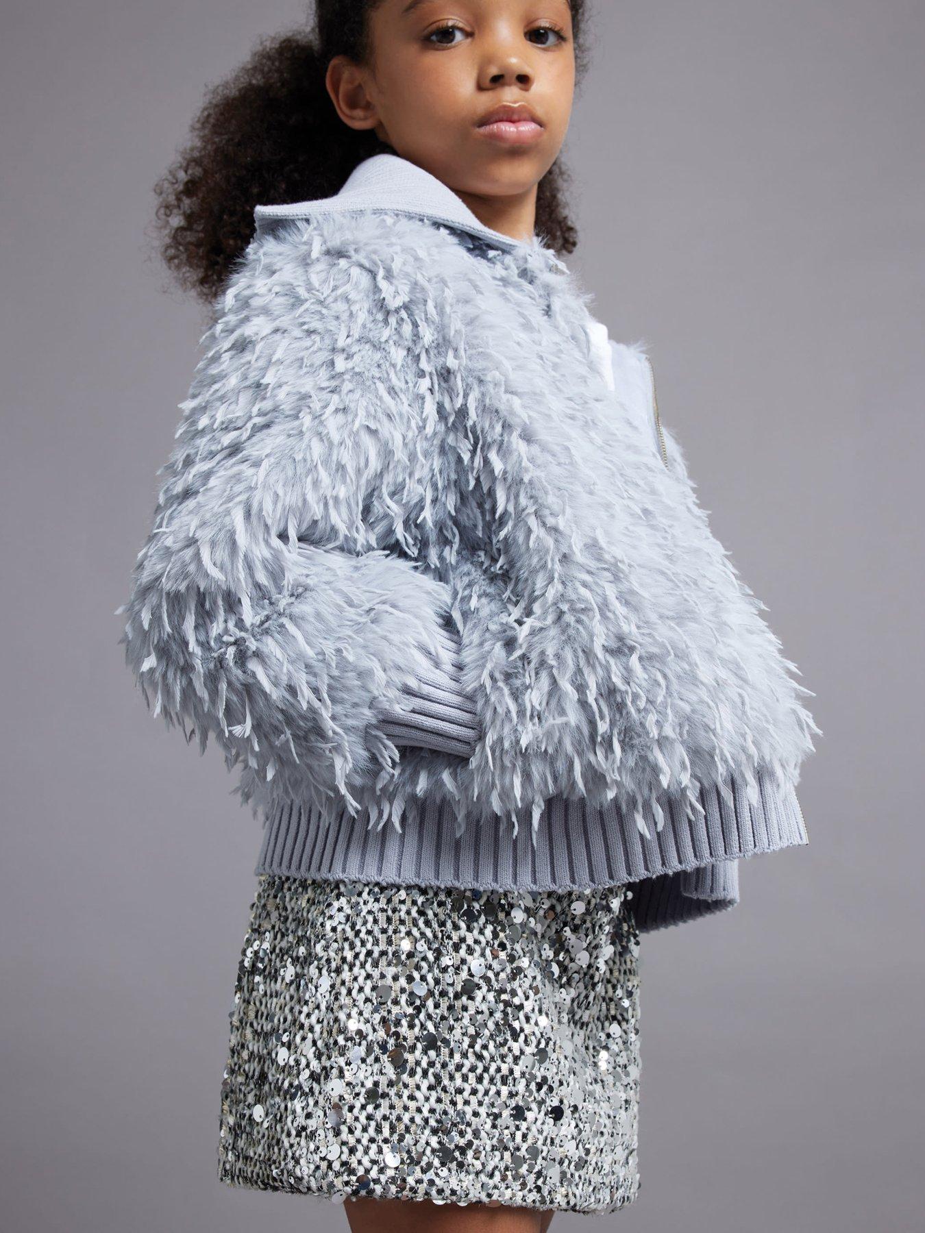 River Island Girls Shaggy Faux Fur Bomber Jacket - Blue | Littlewoods
