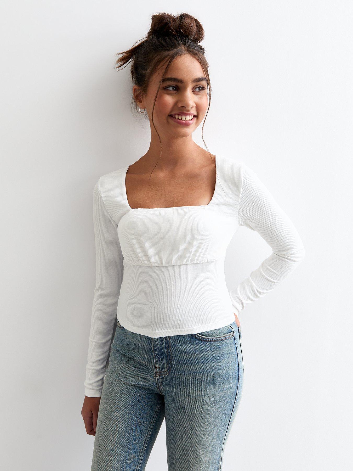 New Look 915 Girls Ruched Front Ribbed Jersey Top - White | Littlewoods