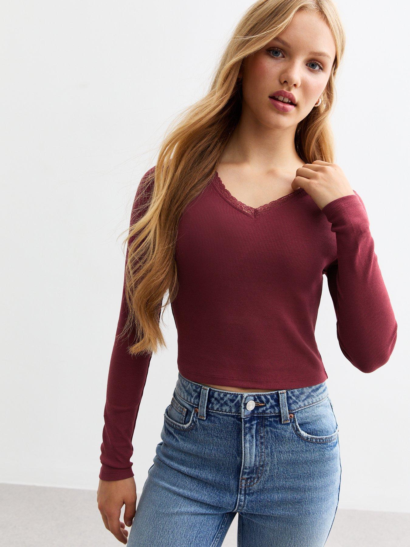 New Look 915 Girls Burgundy Lace Trim Ribbed Jersey Top - Red ...