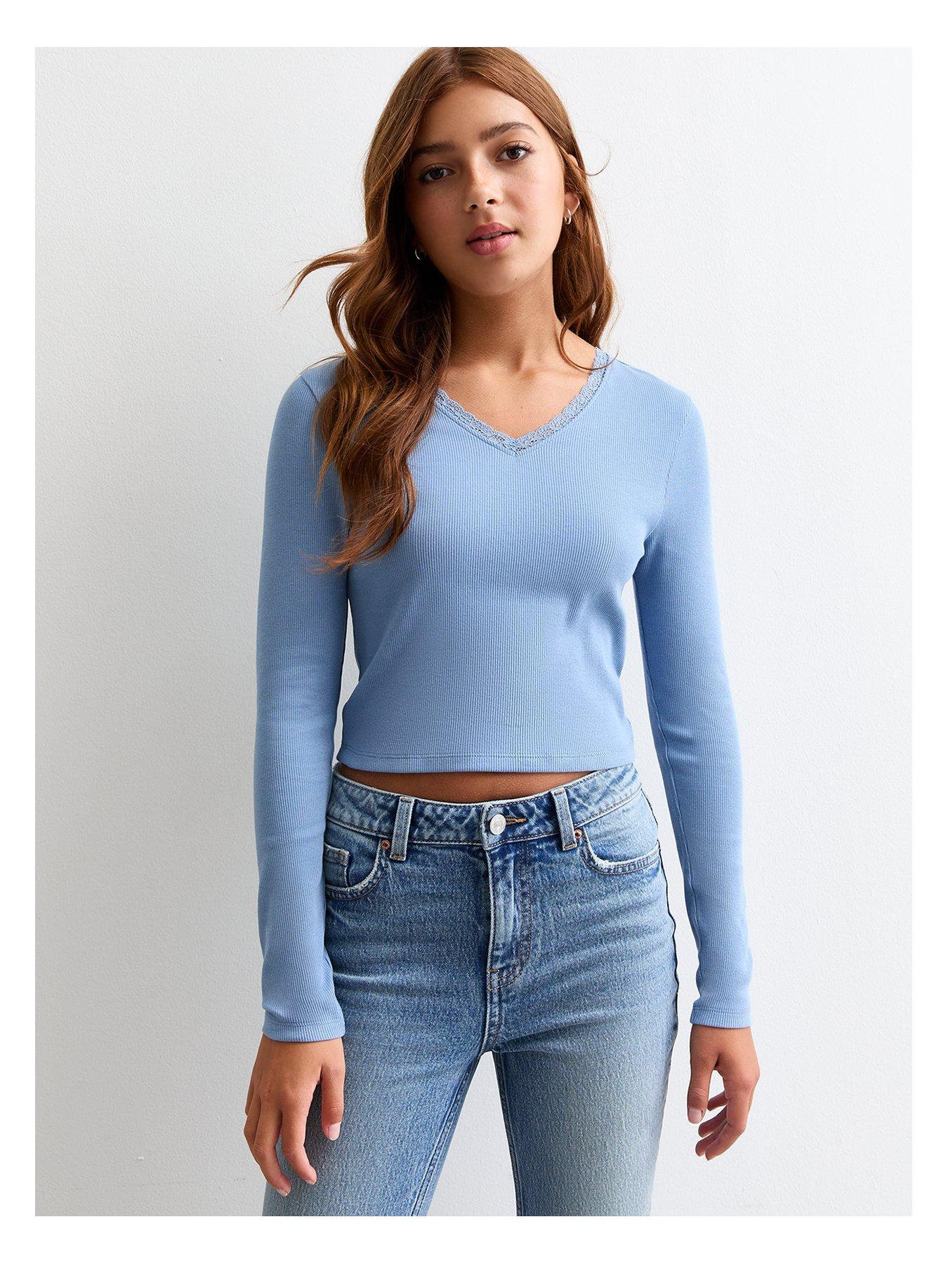 New Look 915 Girls Lace Trim Ribbed Jersey Top - Blue | littlewoods.com