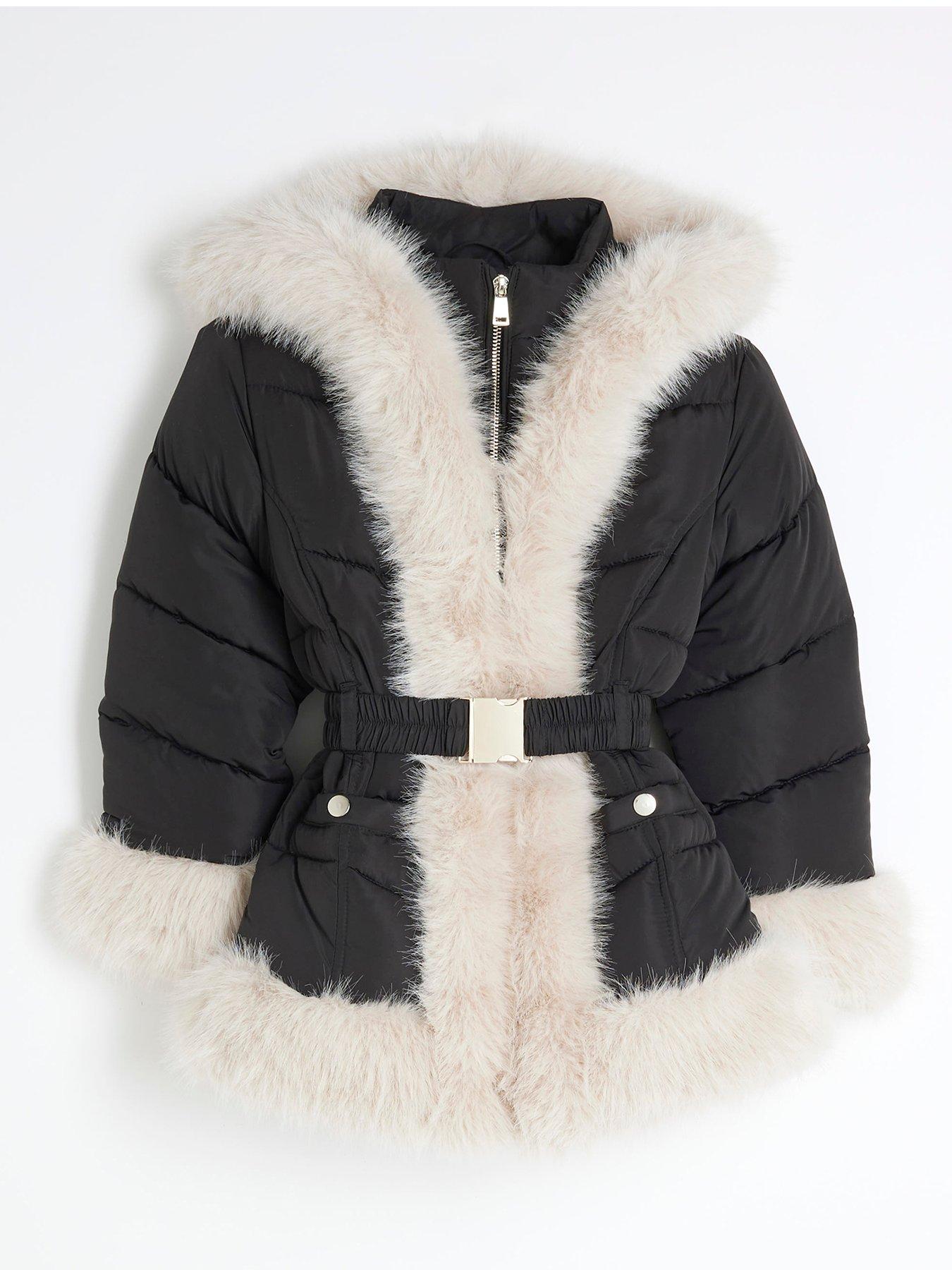 River Island Girls Faux Fur Belted Snow Coat - Black | Littlewoods