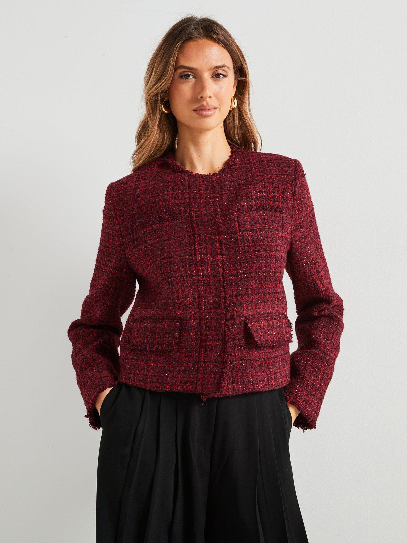 Mango Tweed Jacket With Frayed Ends - Red | Littlewoods