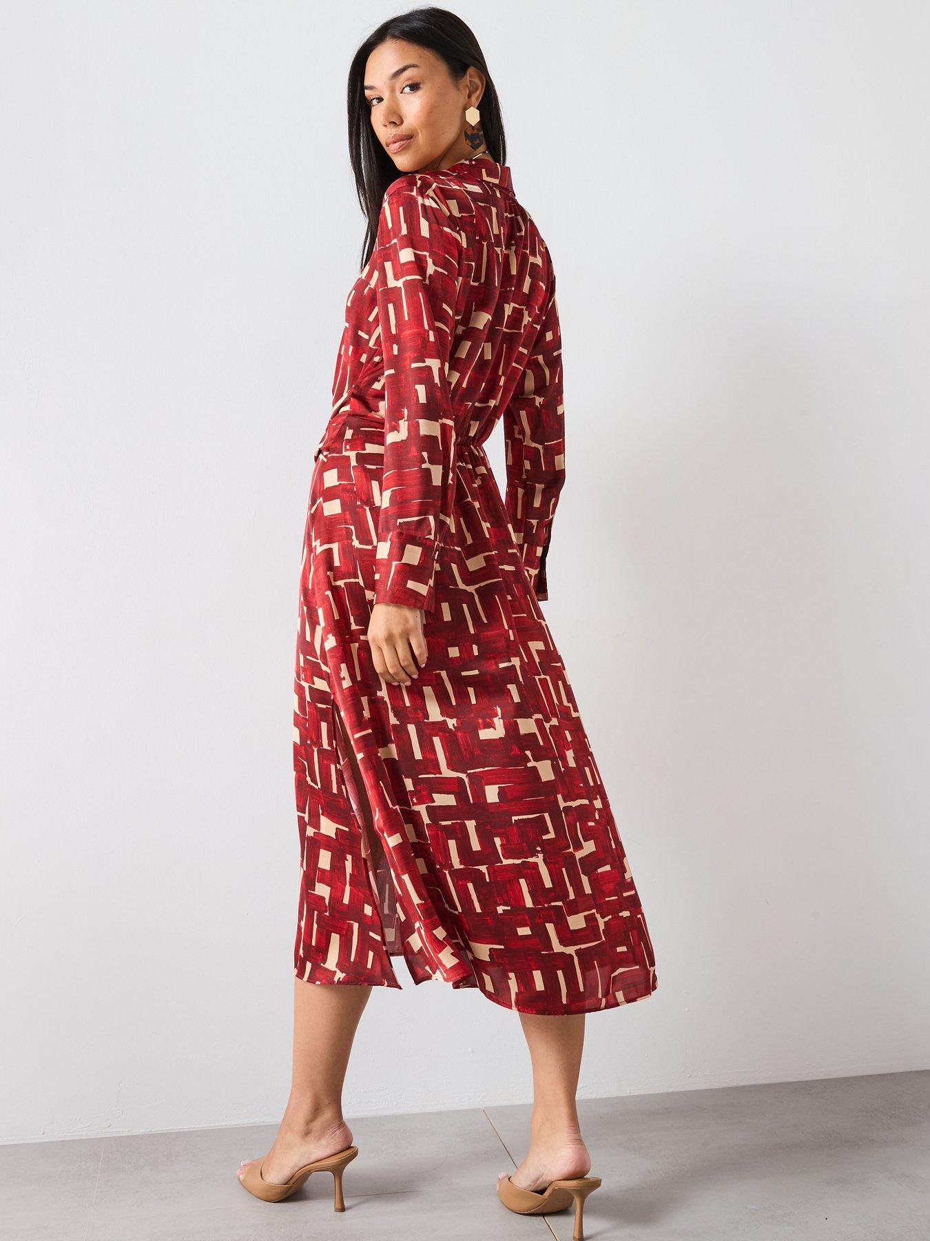Mango Geometric-Print Midi Shirt Dress - Red | Littlewoods