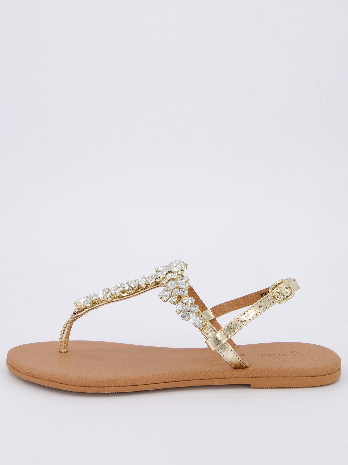 V by Very Embellished Toe Post Leather Sandals - Gold | Littlewoods