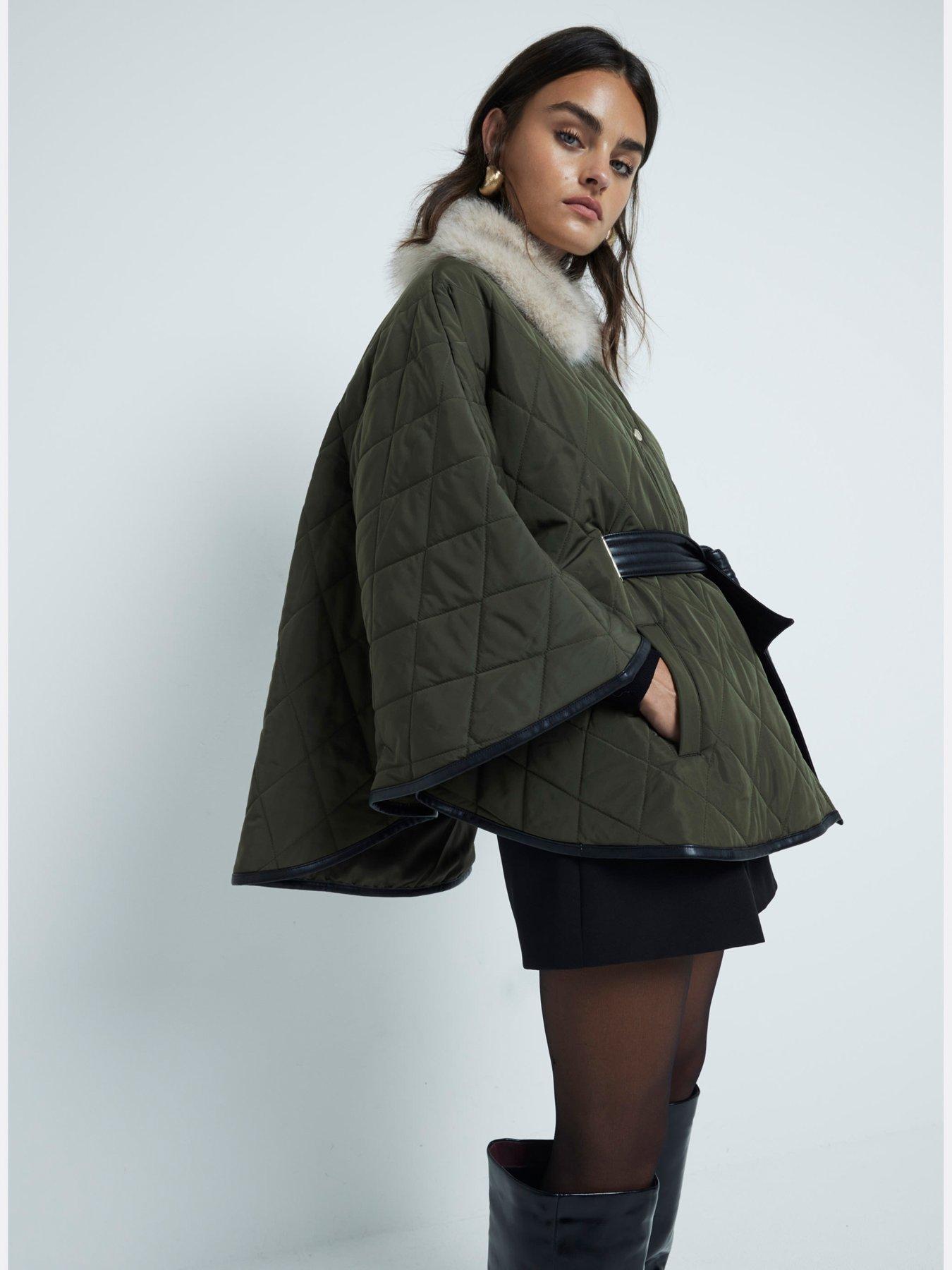 River Island Quilted Cape With Faux Fur Collar - Khaki | Littlewoods
