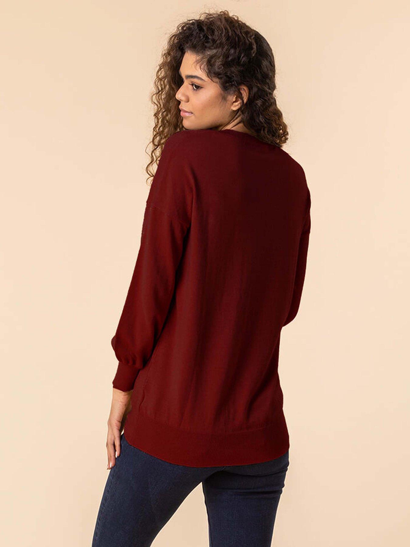 Roman Plain V-neck Stretch Longline Jumper - Red | Littlewoods