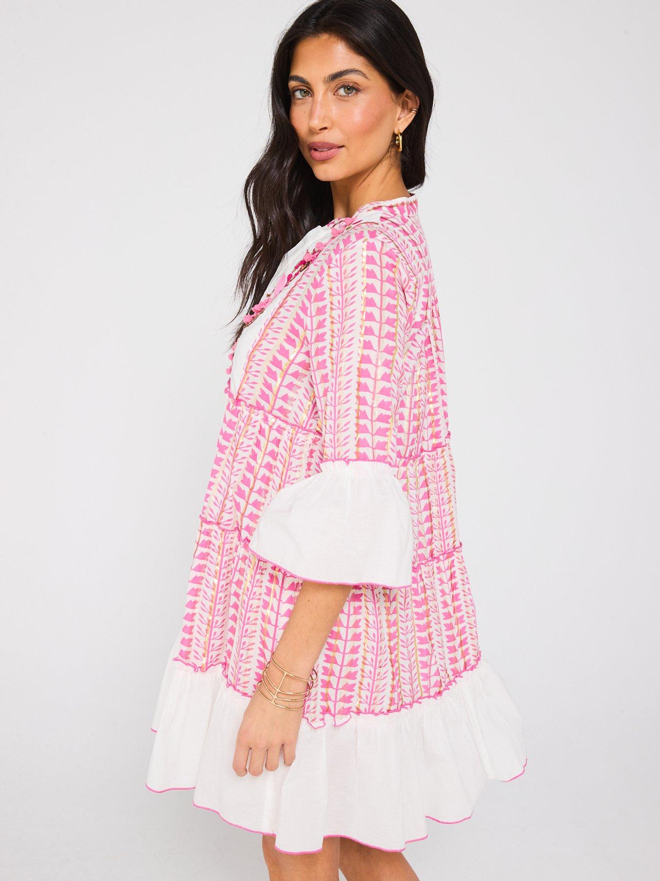 V by Very Embroidered Detail Printed Smock Beach Dress - Pink | Littlewoods