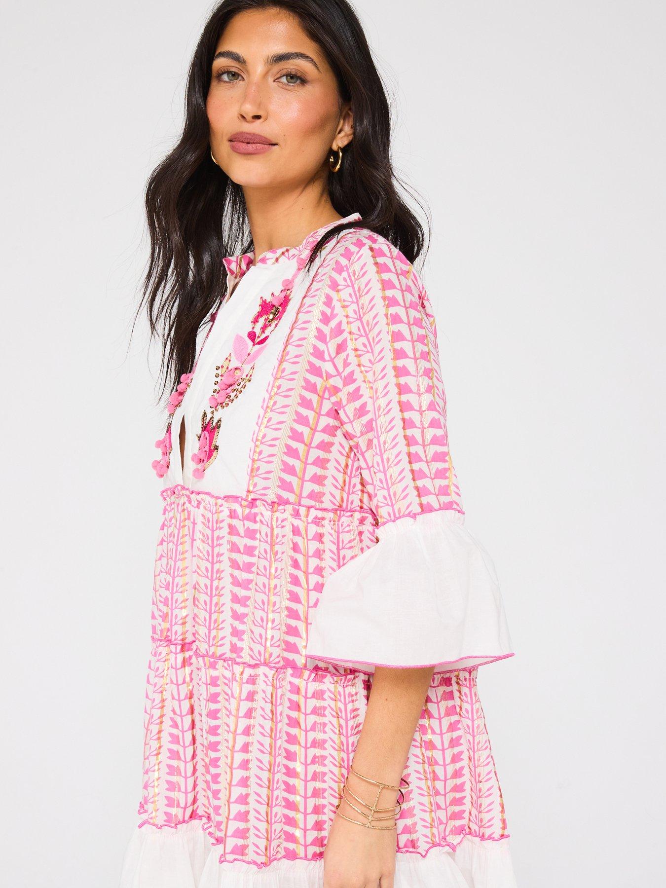 V by Very Embroidered Detail Printed Smock Beach Dress - Pink | Littlewoods