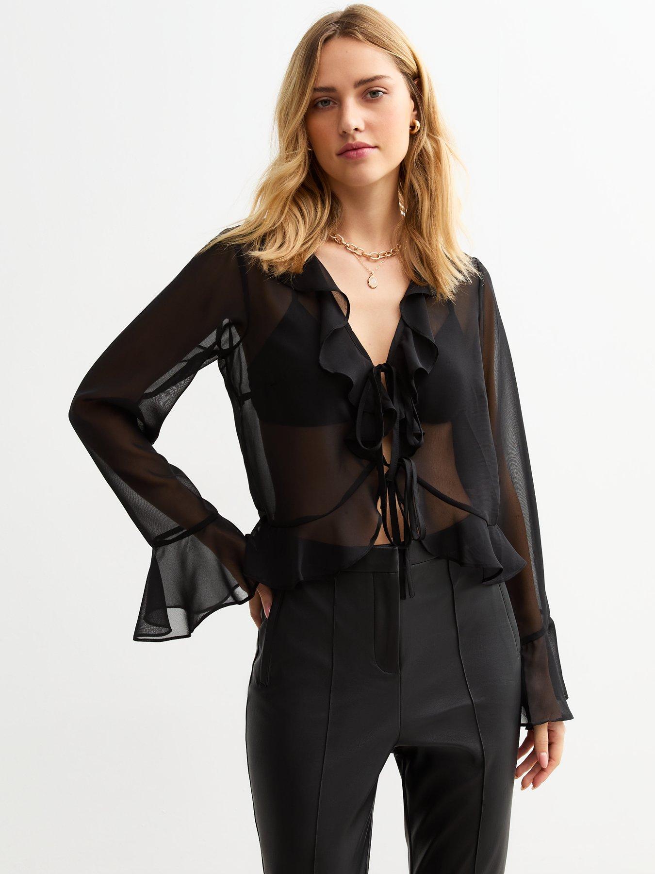 New Look Ruffle Trim Tie Up Sheer Chiffon Blouse - Black | Littlewoods
