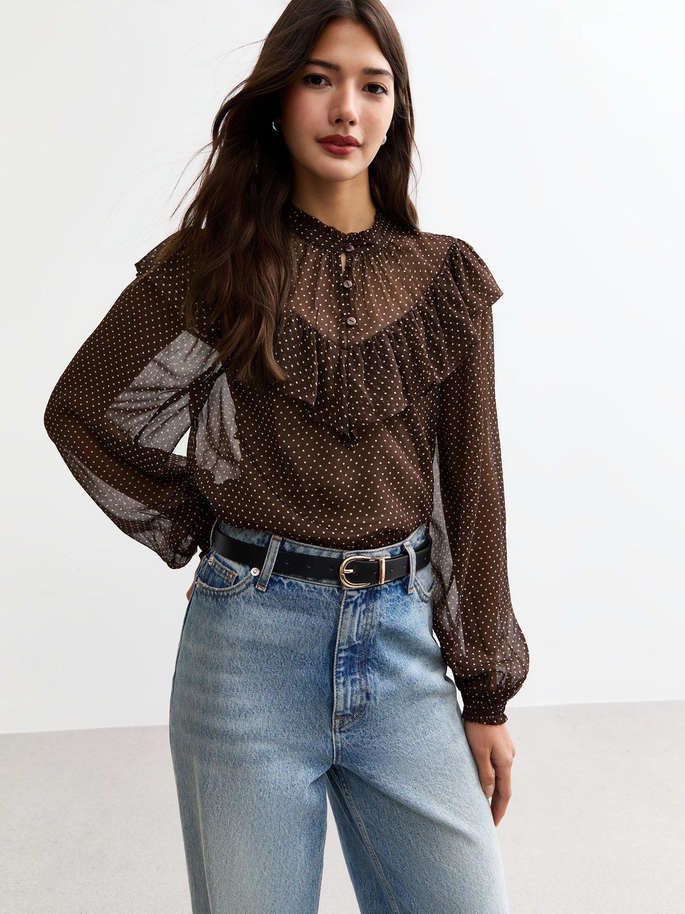 New Look Polka Dot Frilly Trim Chiffon Blouse - Brown/Print ...
