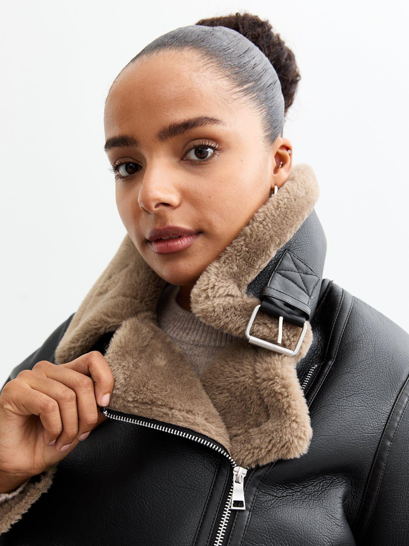 New Look Curves Faux Shearling Aviator Jacket - Black | Littlewoods