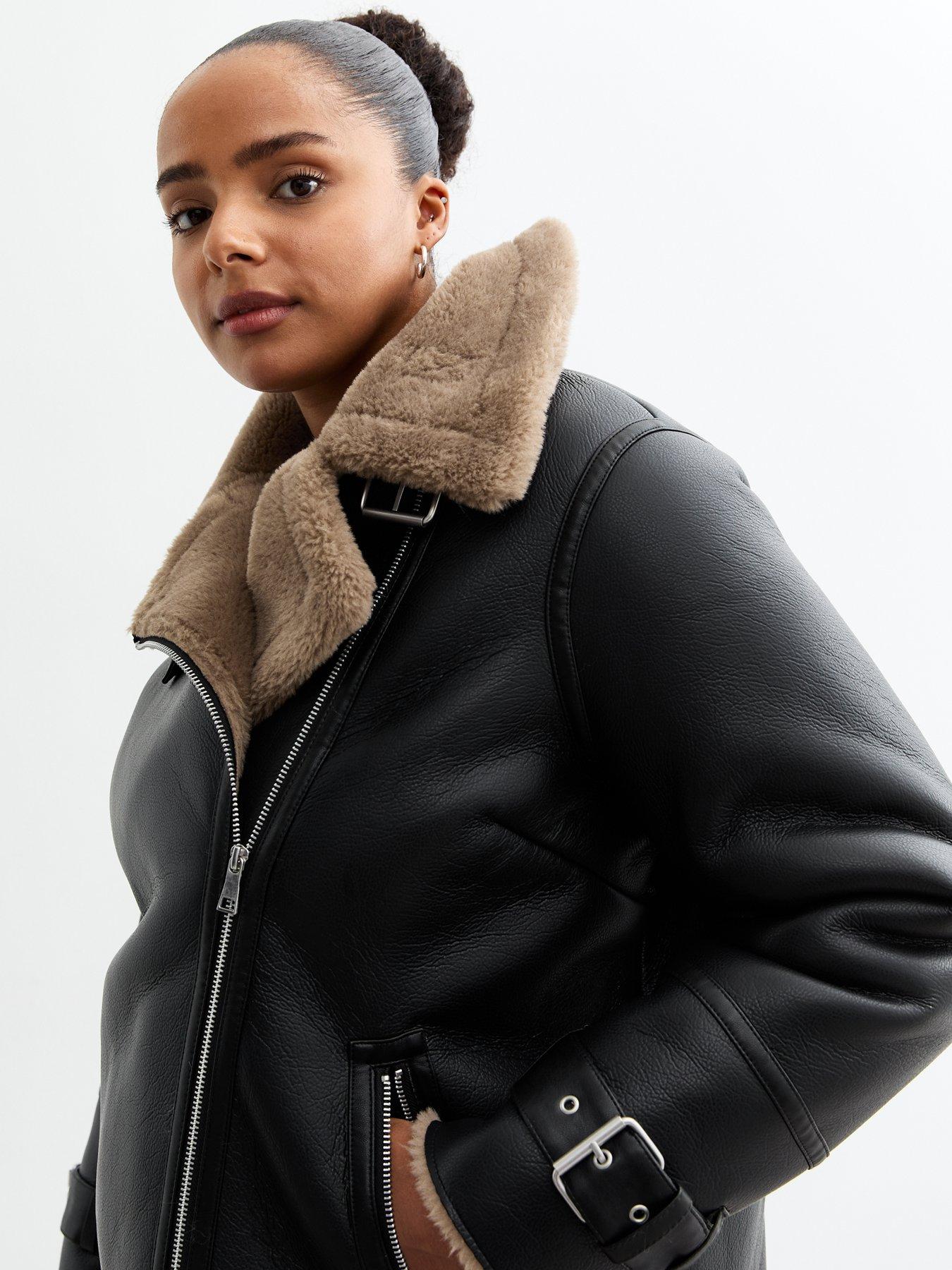 New Look Curves Faux Shearling Aviator Jacket - Black | Littlewoods