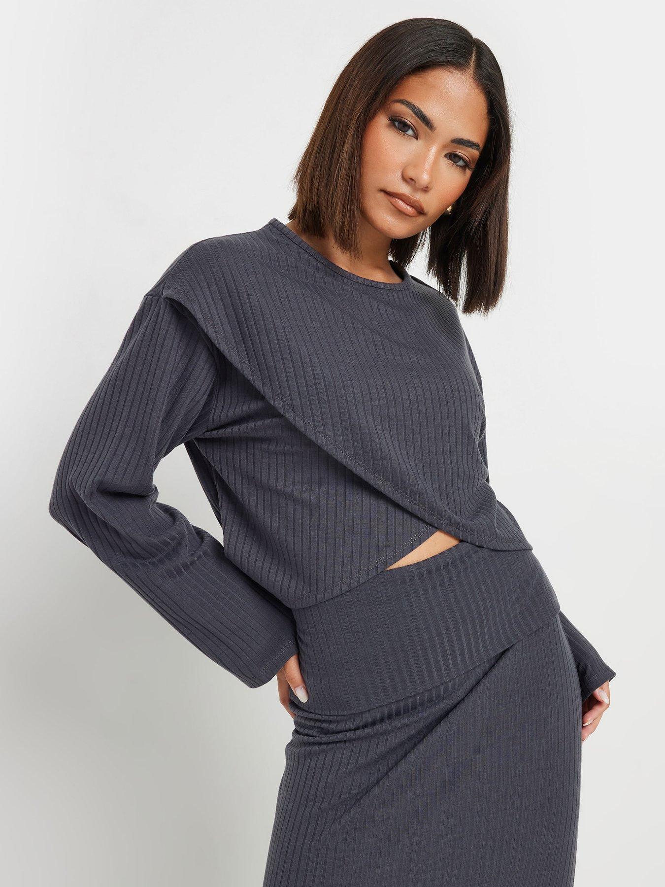 PixieGirl Petite Rib Cross Over Top - Grey | littlewoods.com
