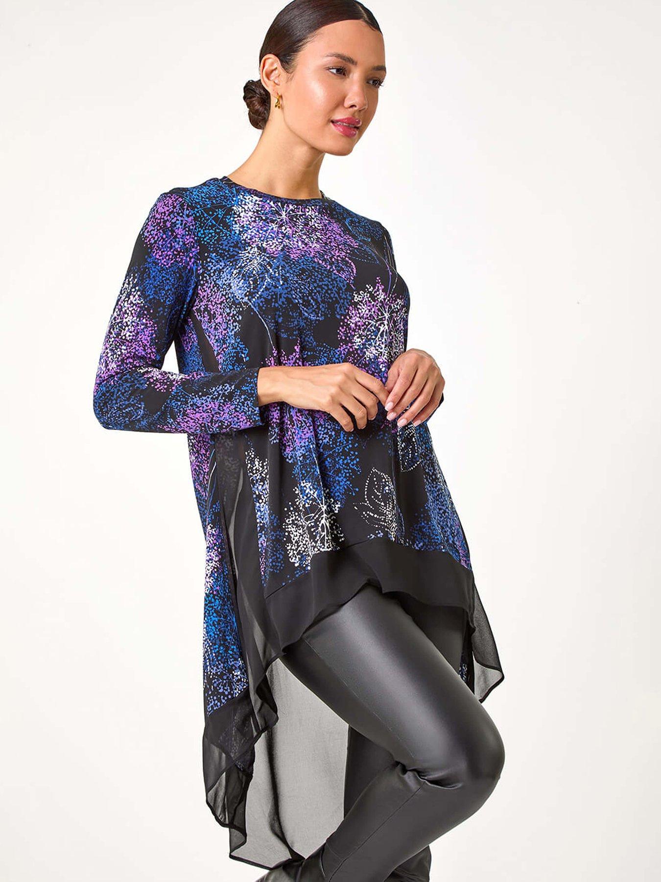Roman Foliage Puff Print Chiffon Hem Top - Purple | Littlewoods