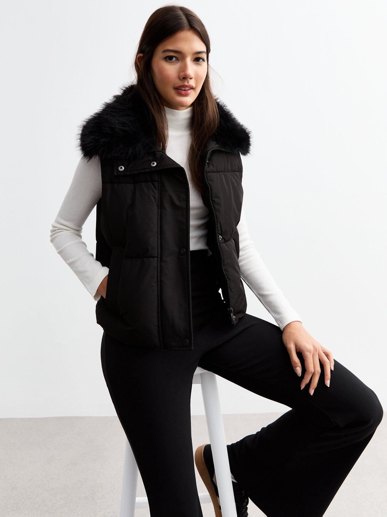 New Look Detachable Faux Fur Collar Padded Gilet - Black | Littlewoods