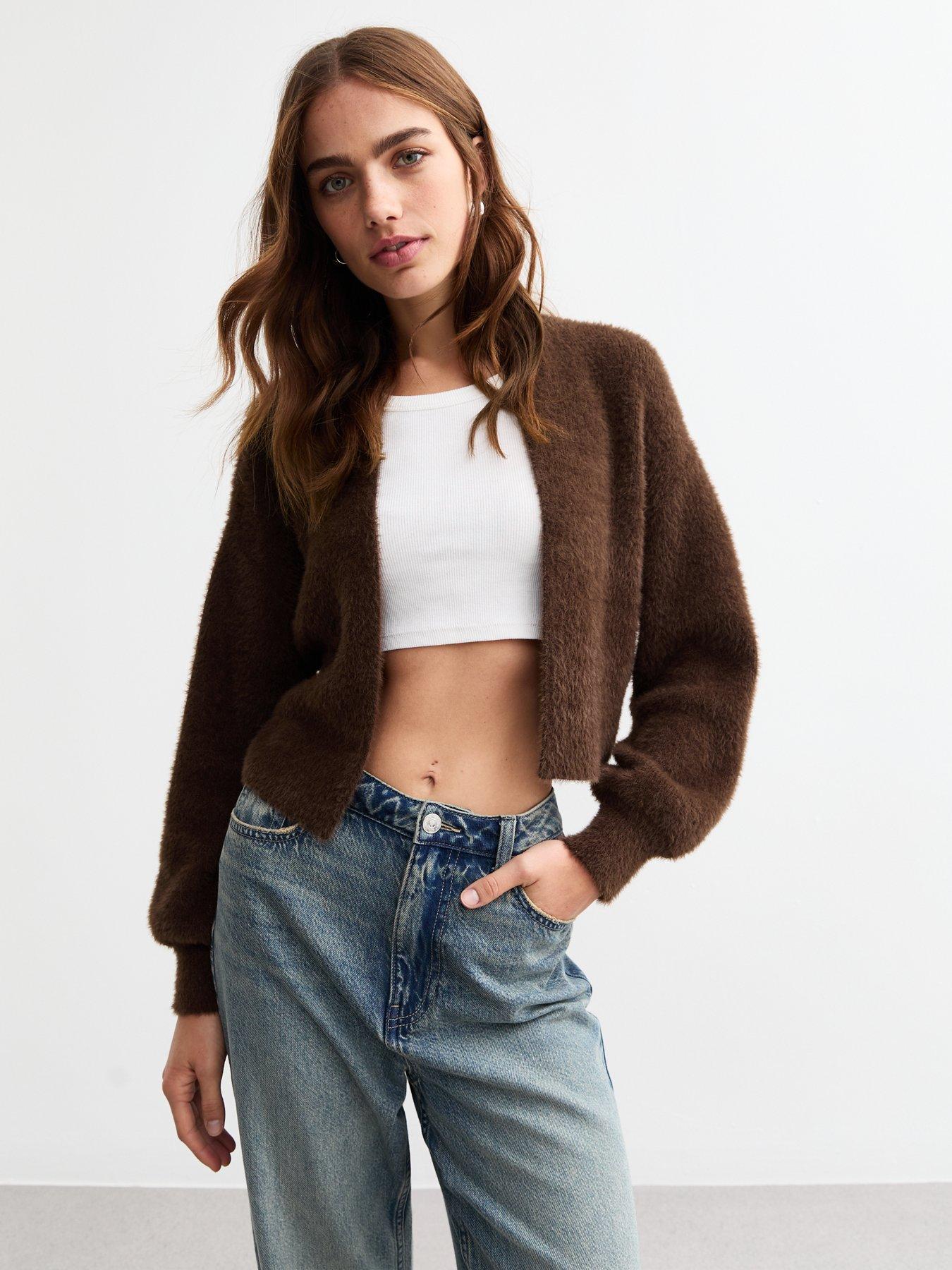 New Look Metallic Thread Fluffy Crop Cardigan - Brown | Littlewoods