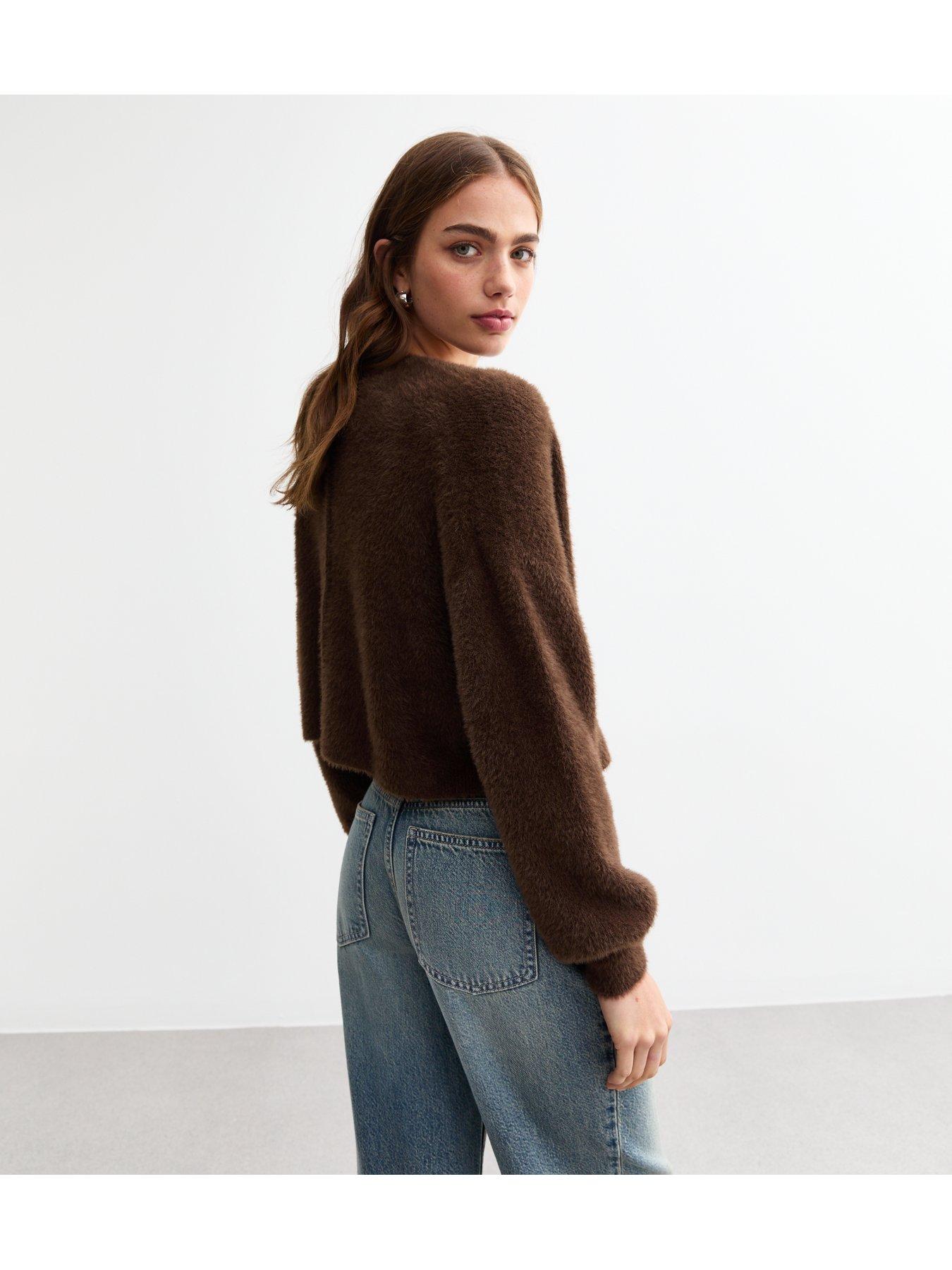 New Look Metallic Thread Fluffy Crop Cardigan - Brown | Littlewoods