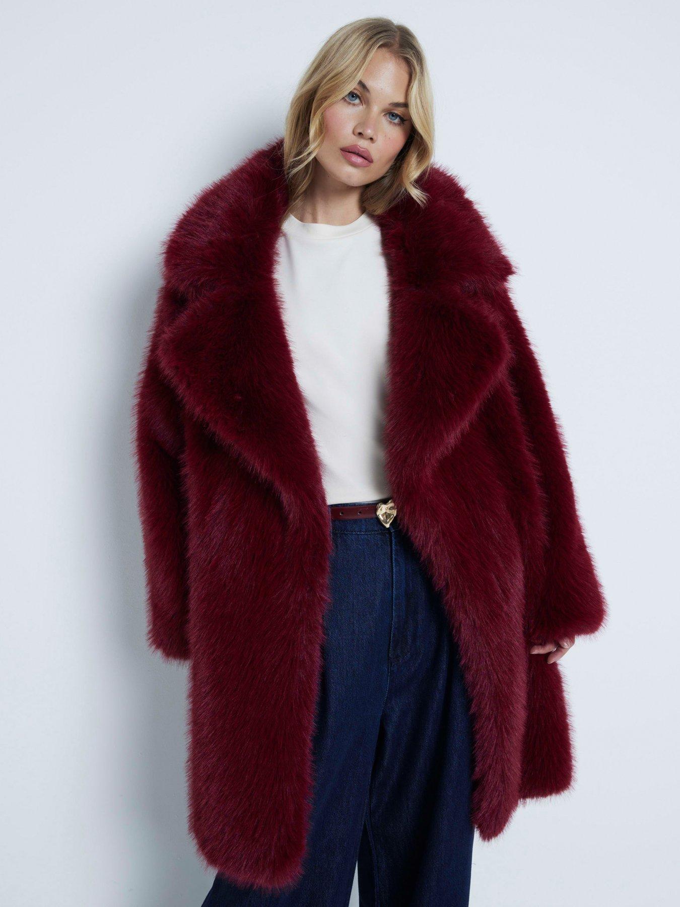 River Island Faux Fur Coat - Dark Red | Littlewoods