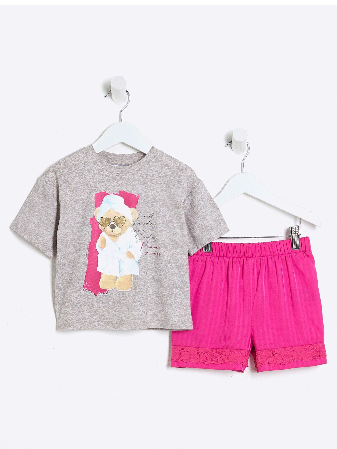 River Island Mini Mini Girls Satin Mix Teddy Pyjamas Set - Pink ...