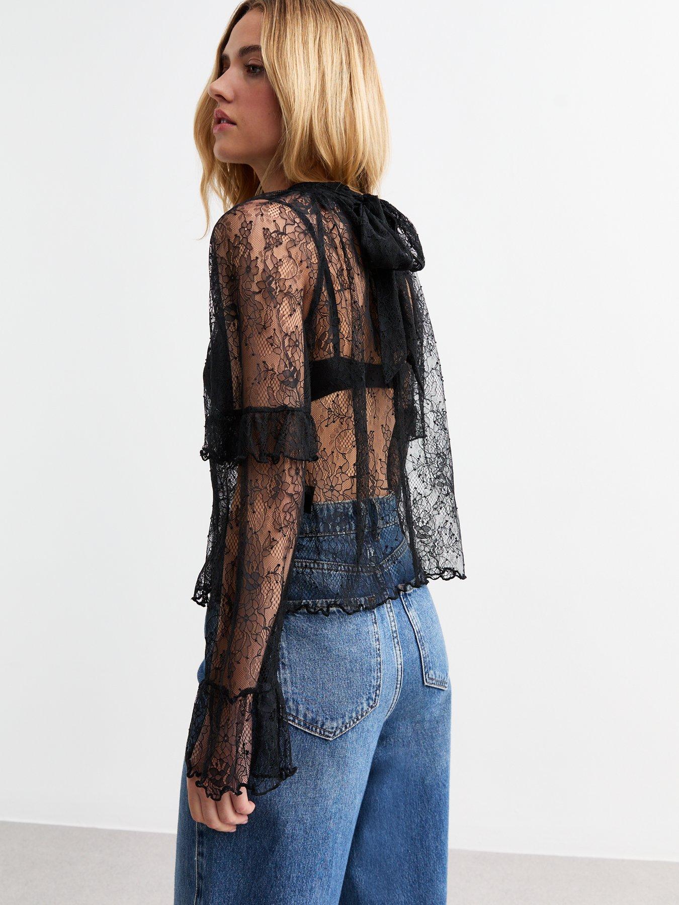 New Look Ruffle Trimmed High Neck Lace Top - Black | Littlewoods