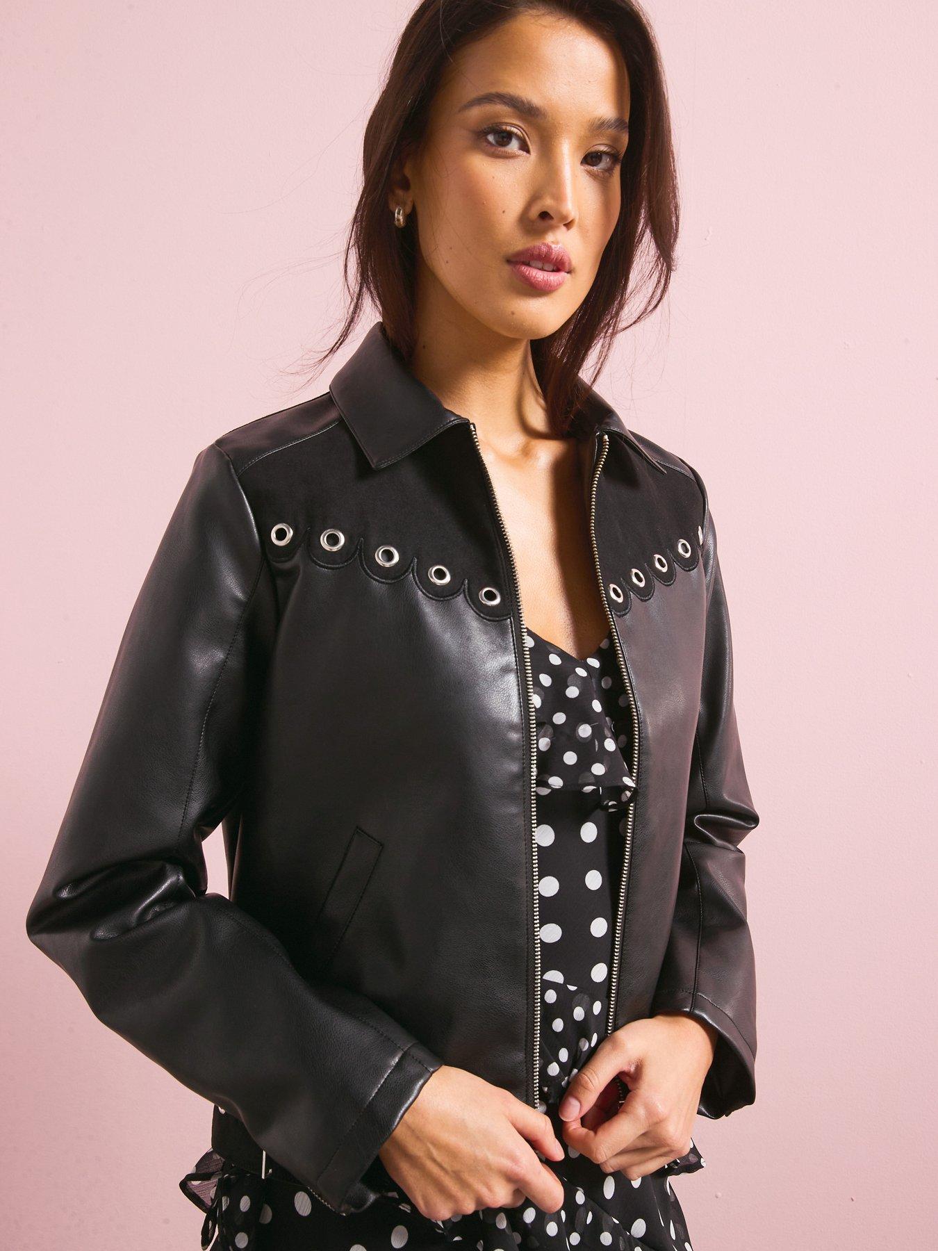 V by Very Eyelet Detail Faux Leather & Suede Jacket - Black | Littlewoods