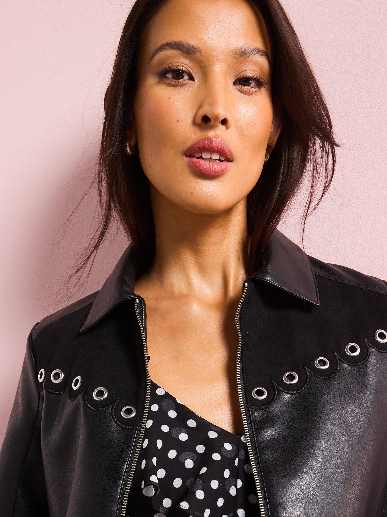V by Very Eyelet Detail Faux Leather & Suede Jacket - Black | Littlewoods