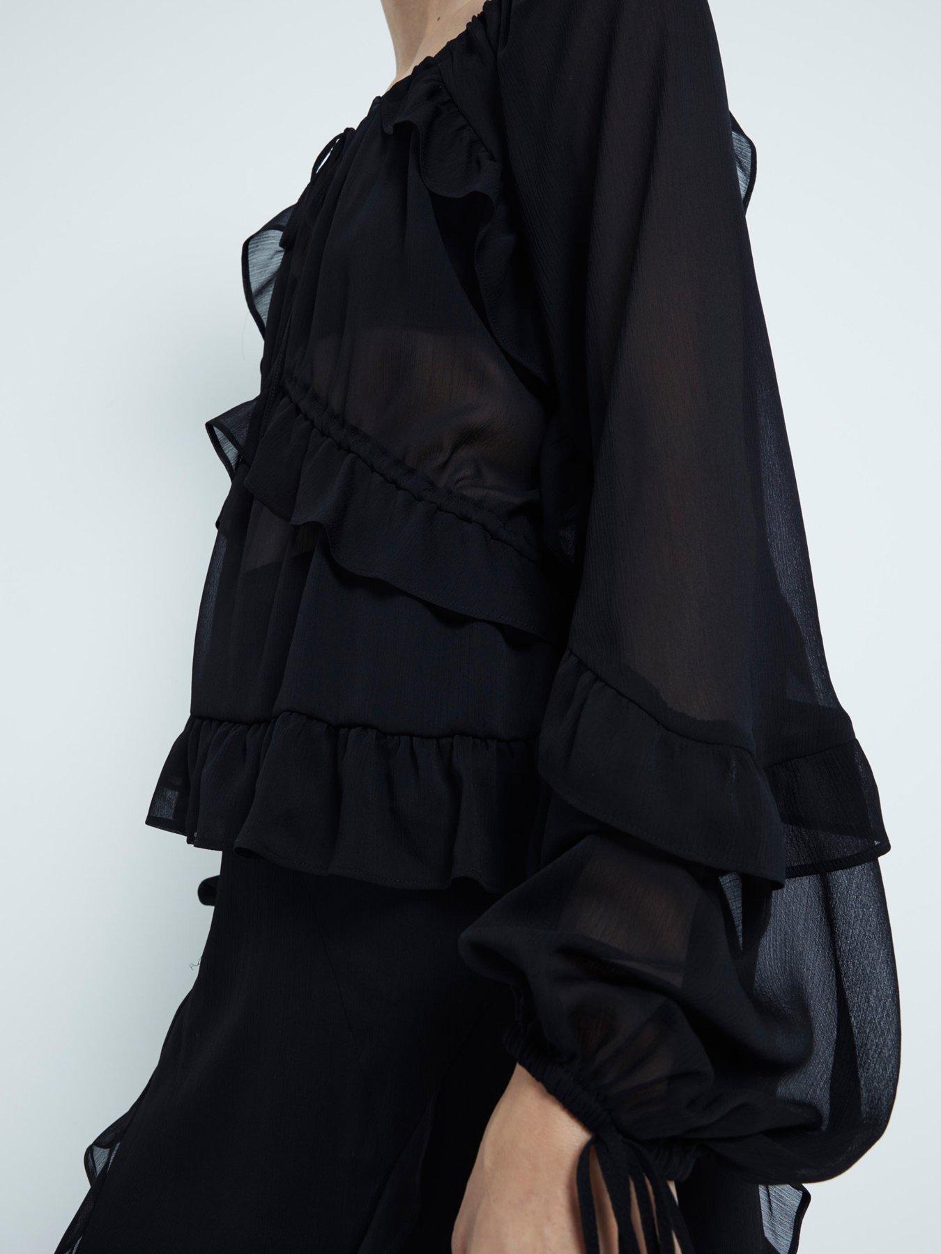 River Island Chiffon Ruffle Tie Detail Blouse - Black | Littlewoods