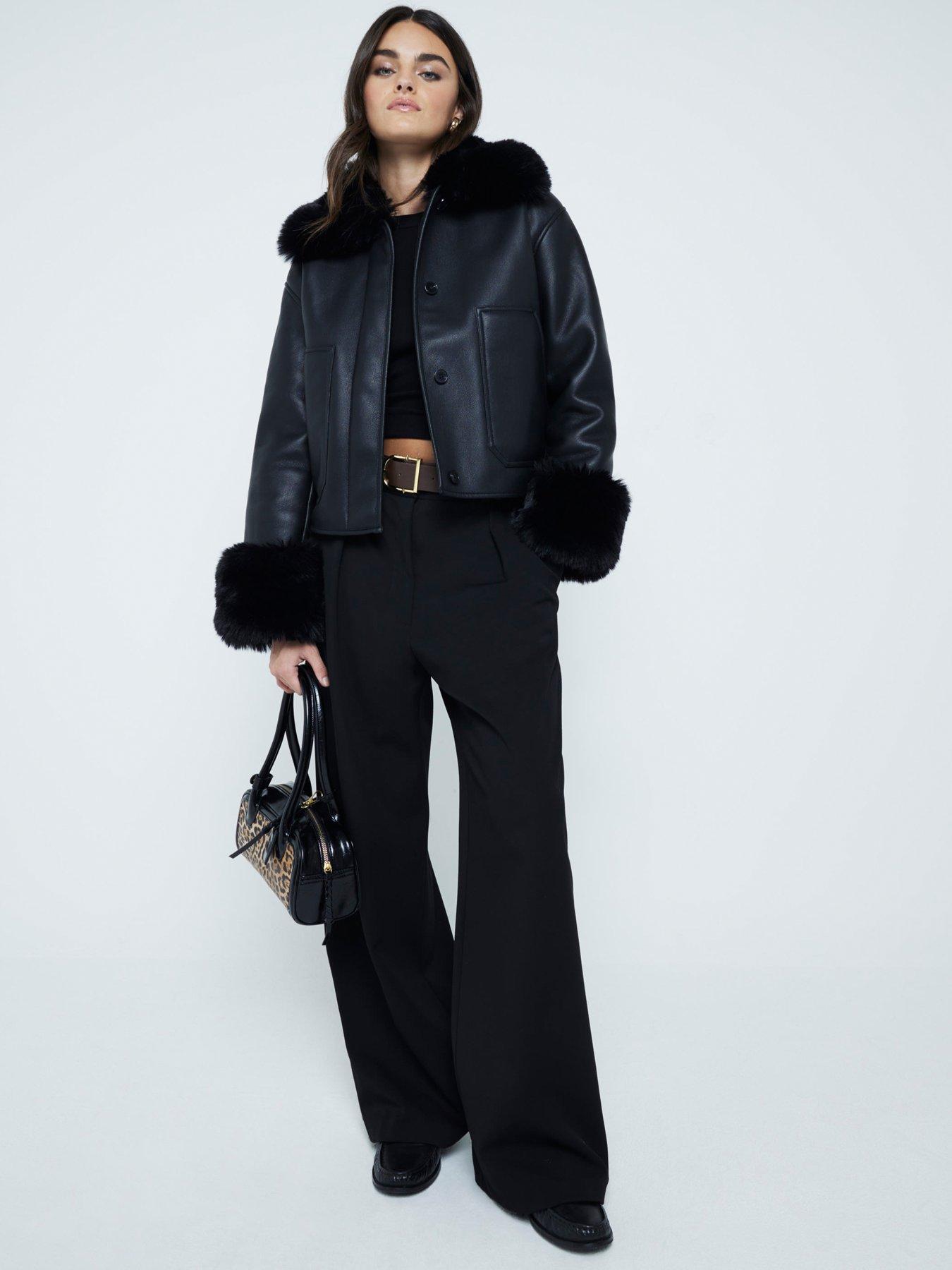 River Island Faux Fur Cuff Shearling Jacket - Black | Littlewoods
