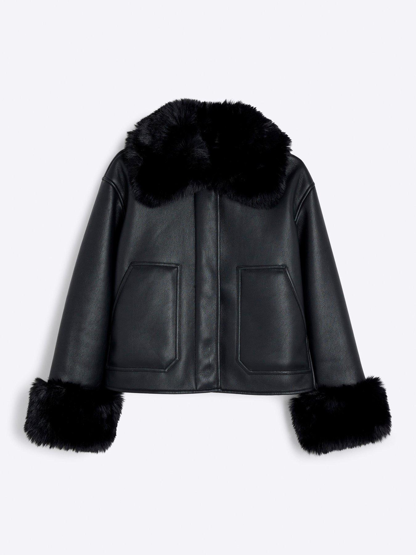 River Island Faux Fur Cuff Shearling Jacket - Black | Littlewoods