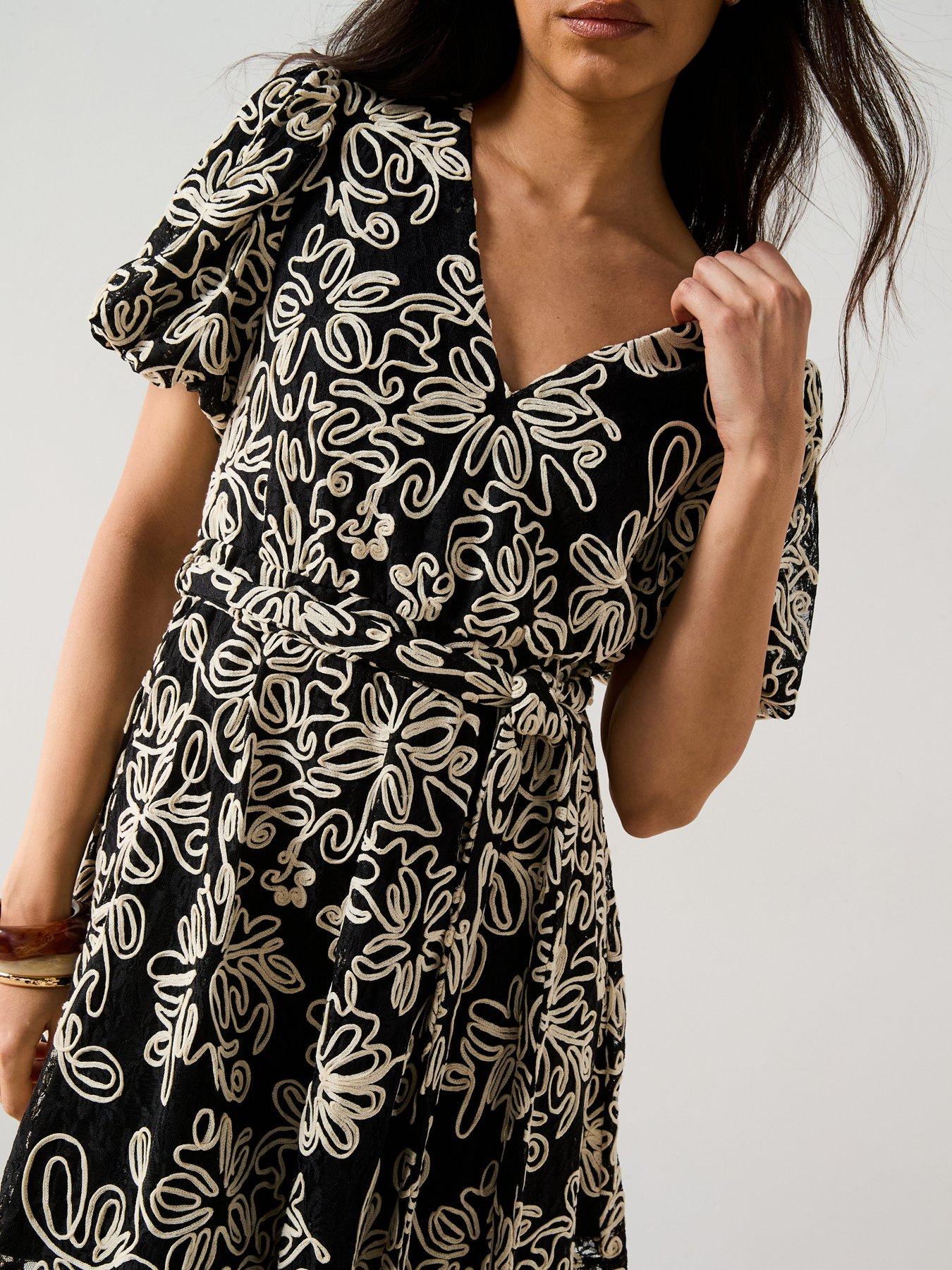 V by Very Mono Embroidered Lace Mini Dress - Black | Littlewoods