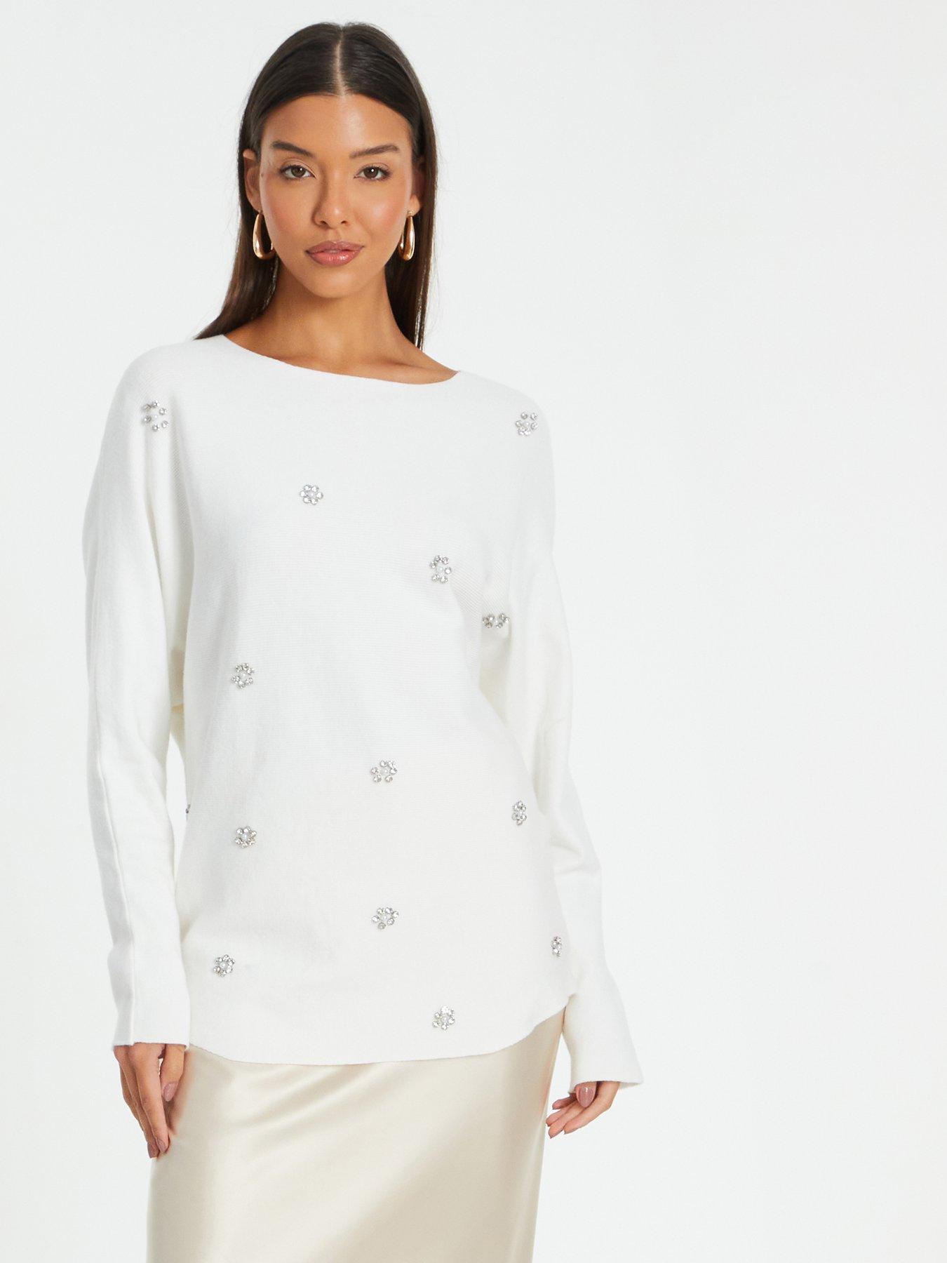Quiz Cream Knitted Beaded Batwing Jumper | littlewoods.com