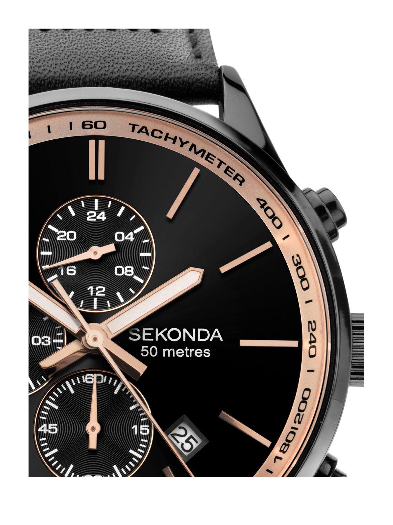Sekonda Mens Endurance Black Leather Strap with Black Dial Analogue ...