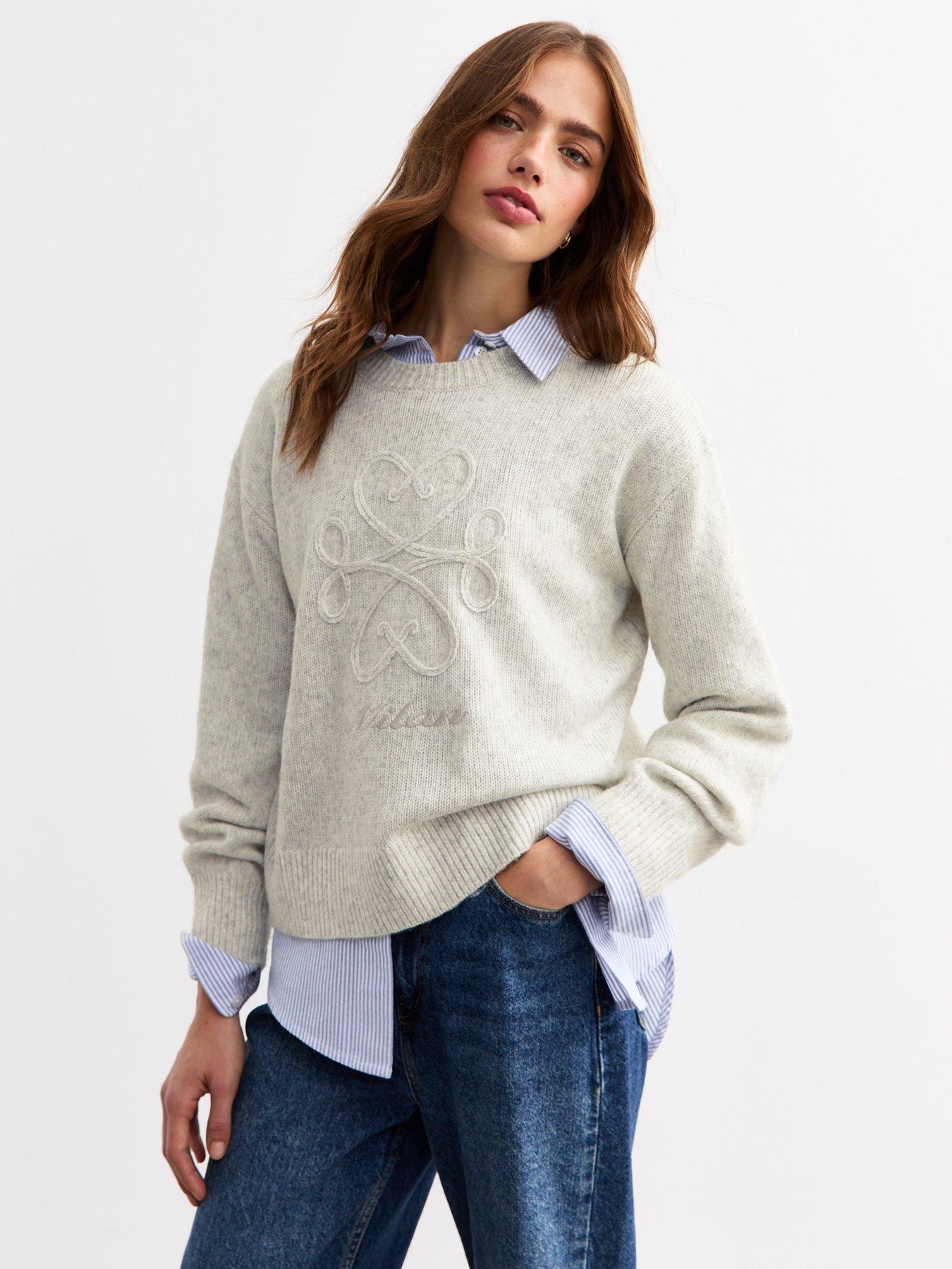 New Look Pale Heart Embroidered Milan Slogan Jumper - Grey ...