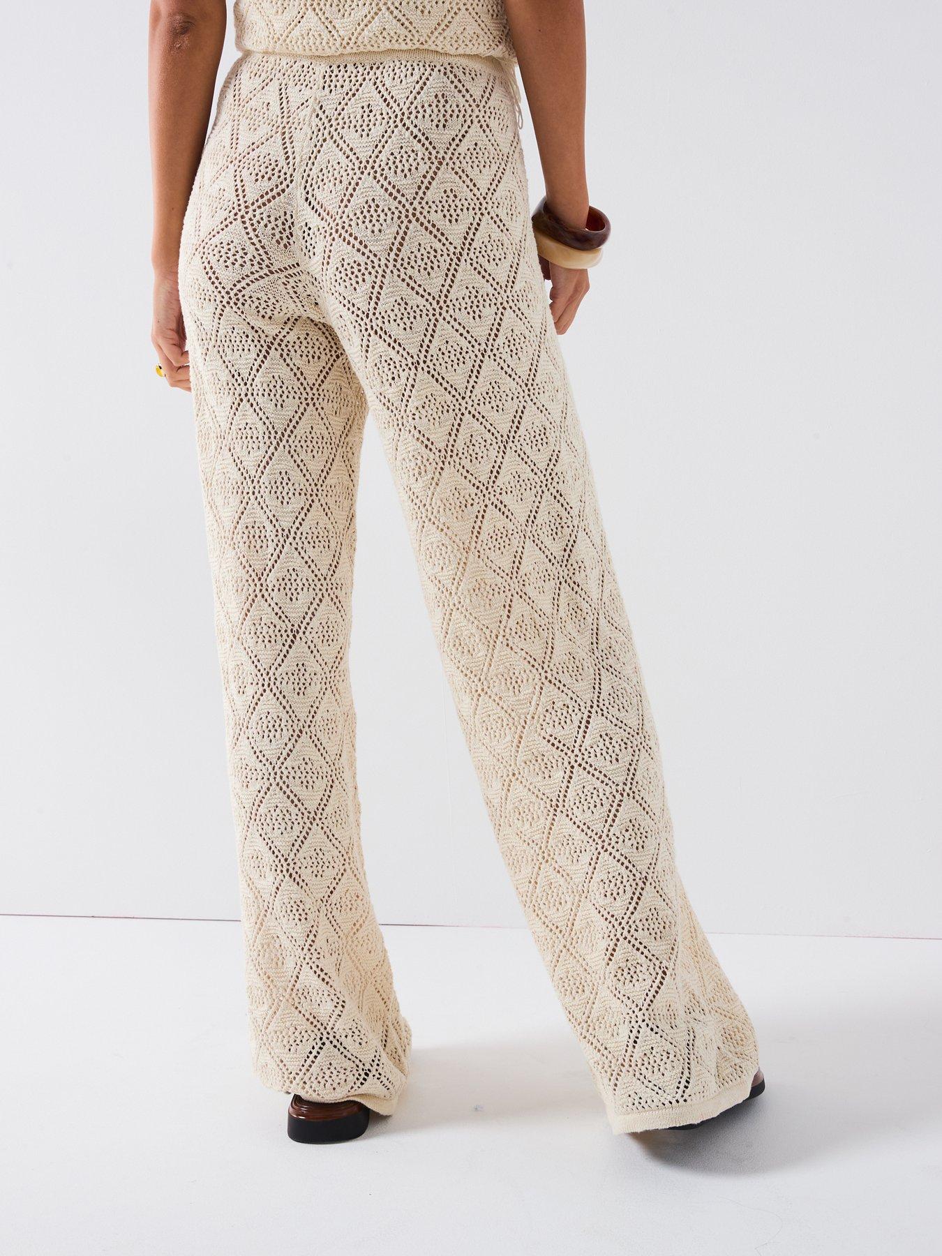 V by Very Cotton Rich Knitted Pointelle Wide Leg Trouser Coord - Beige ...