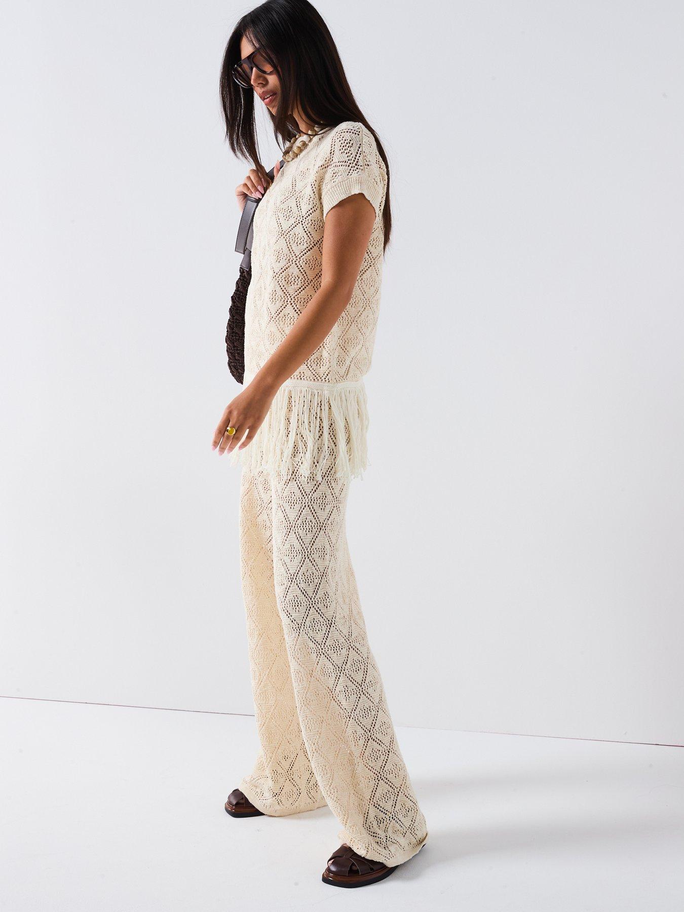 V by Very Cotton Rich Knitted Pointelle Wide Leg Trouser Coord - Beige ...