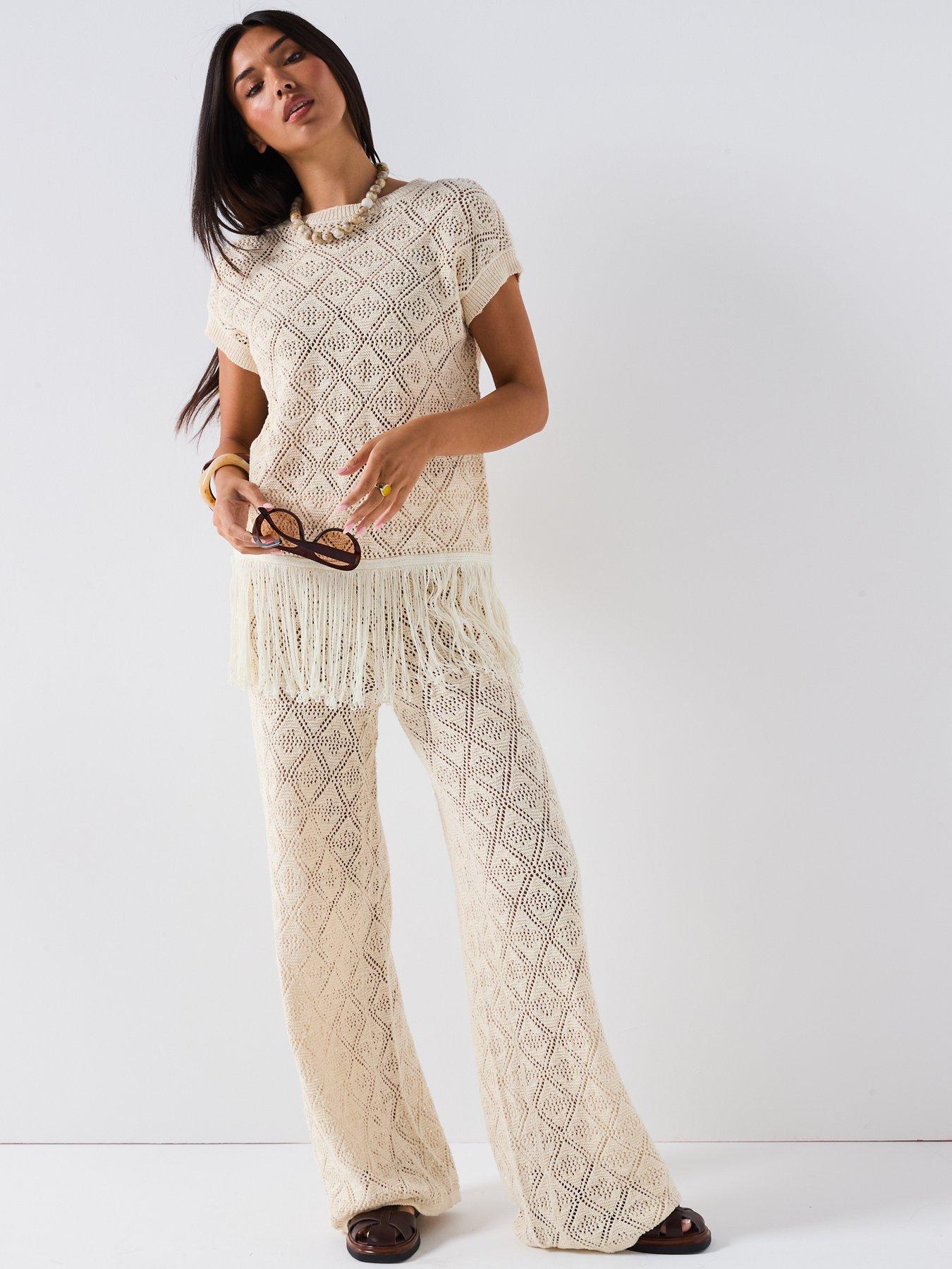 V by Very Cotton Rich Knitted Pointelle Wide Leg Trouser Coord - Beige ...