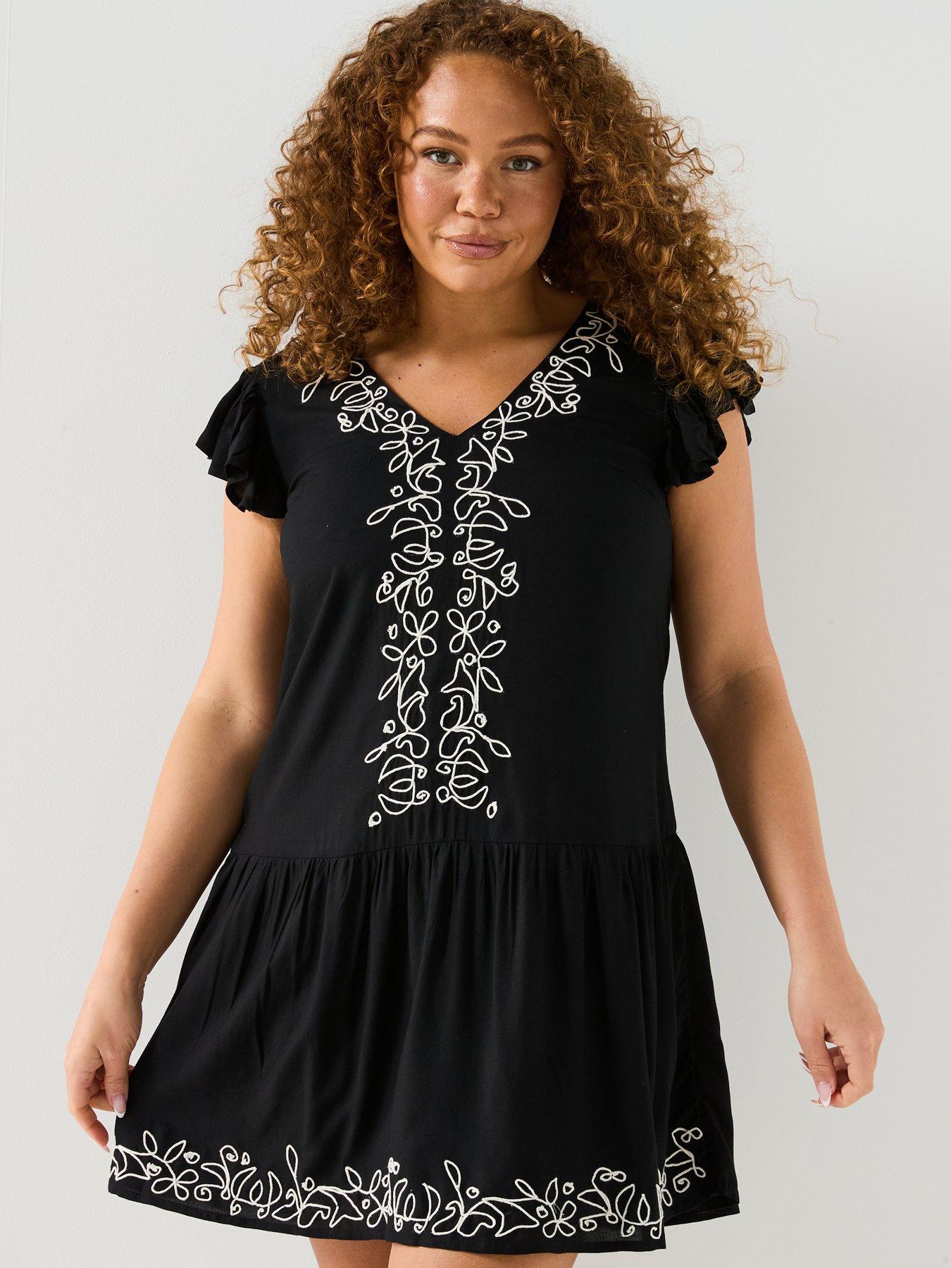 V by Very Curve Embroidered Dropped Waist Mini Dress - Black | Littlewoods