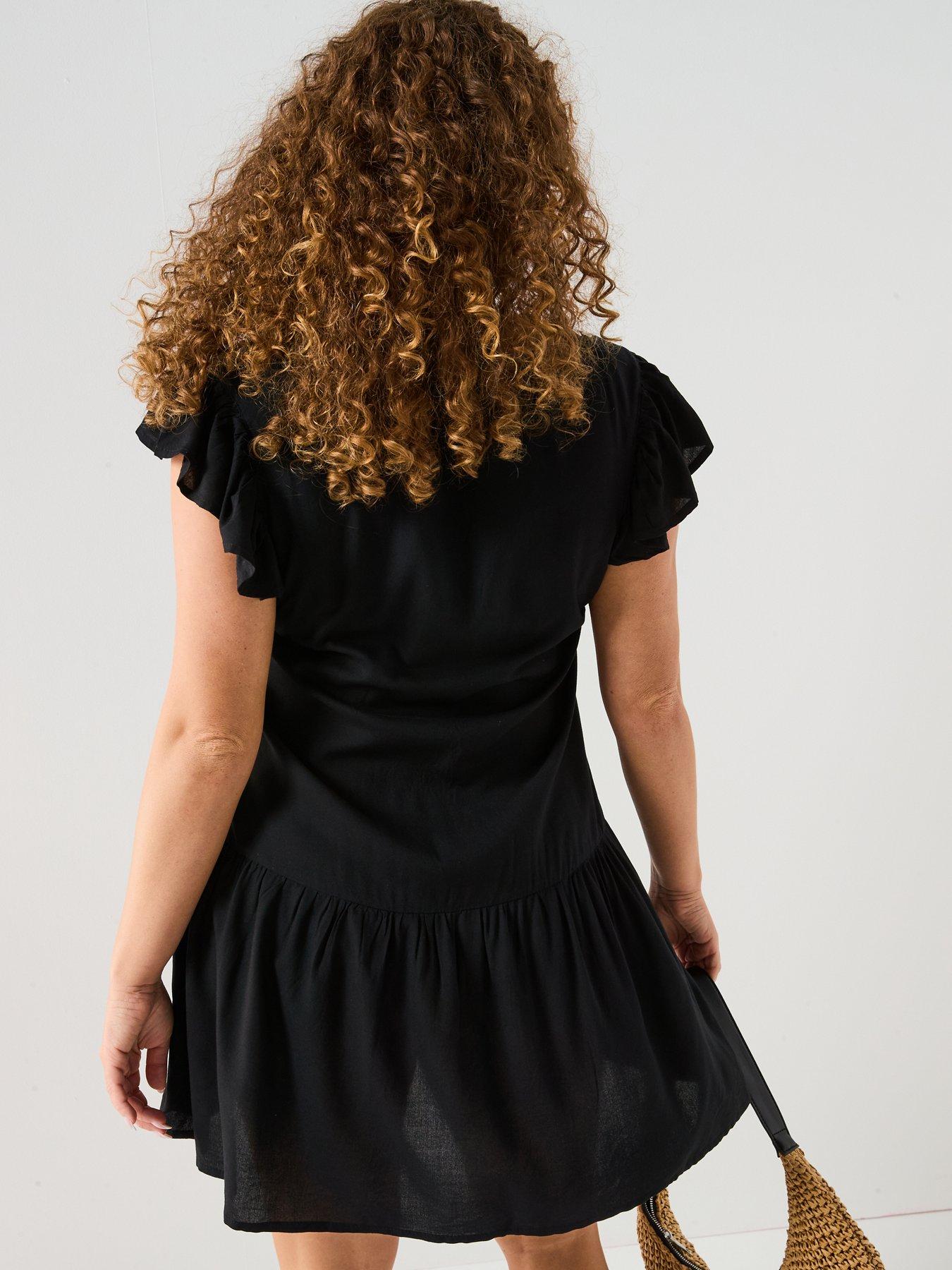 V by Very Curve Embroidered Dropped Waist Mini Dress - Black | Littlewoods
