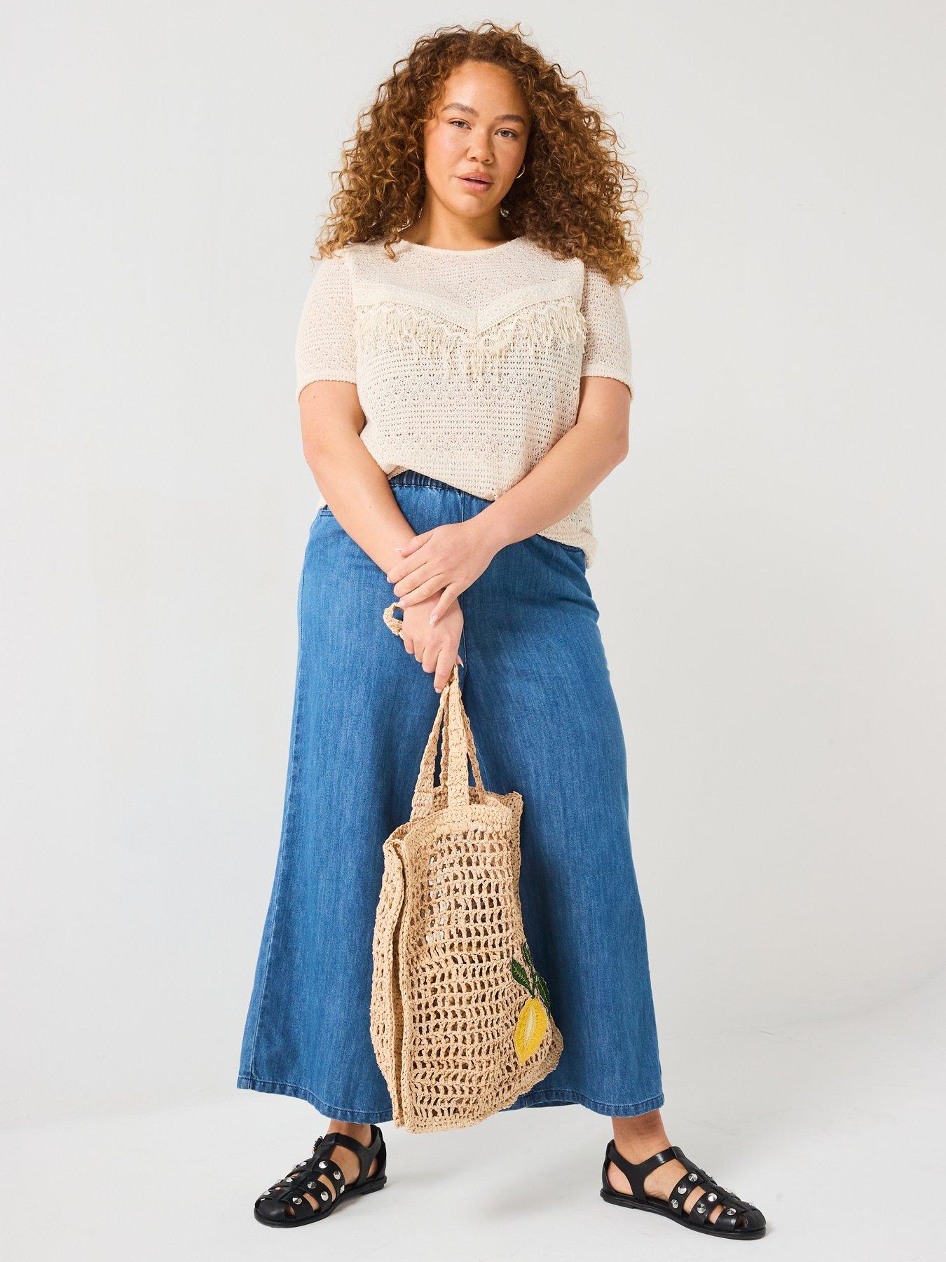 V by Very Curve Fringe Detail Crochet Short Sleeve Top - Cream ...