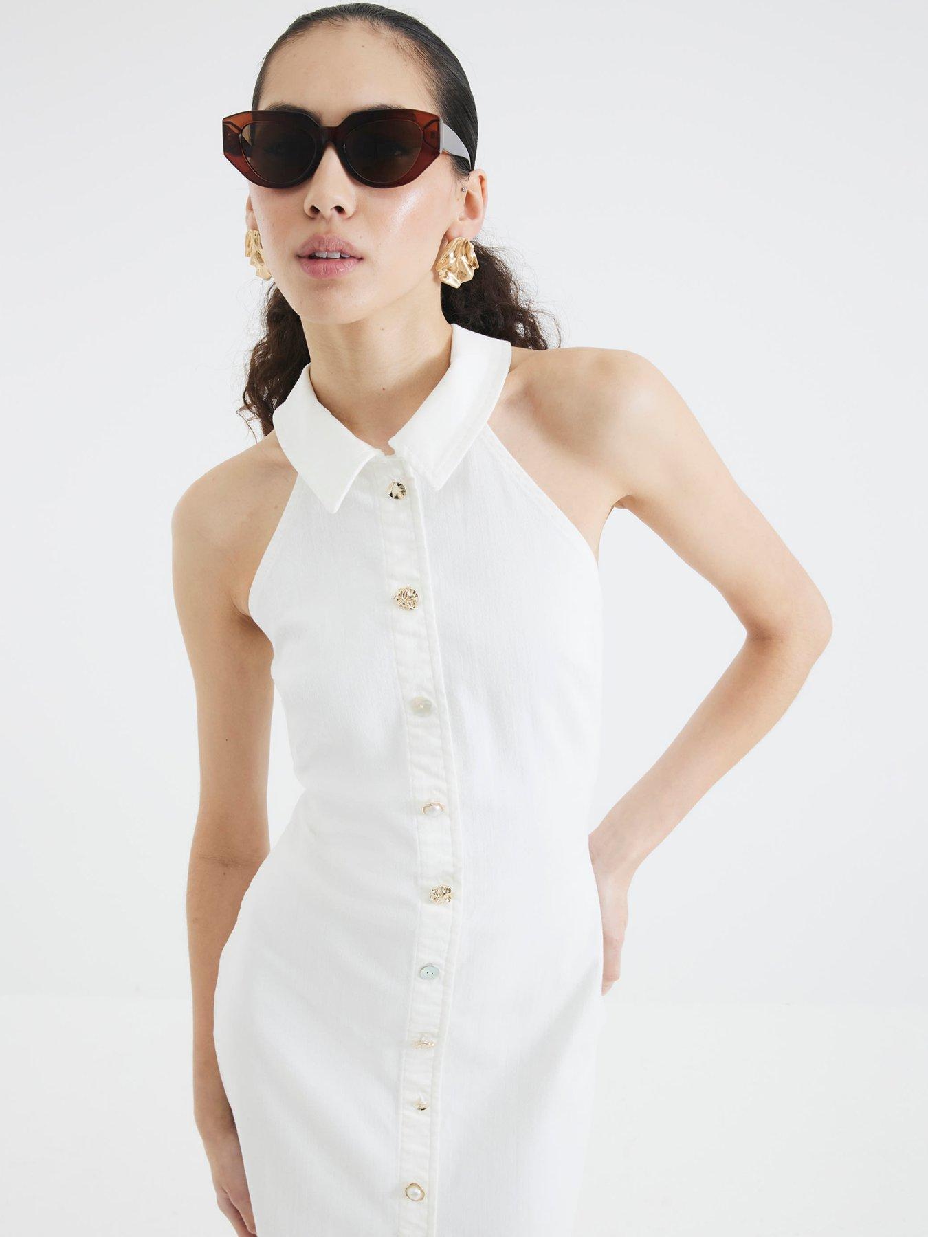 River Island Denim Fitted Shell Button Midi Dress - White | Littlewoods
