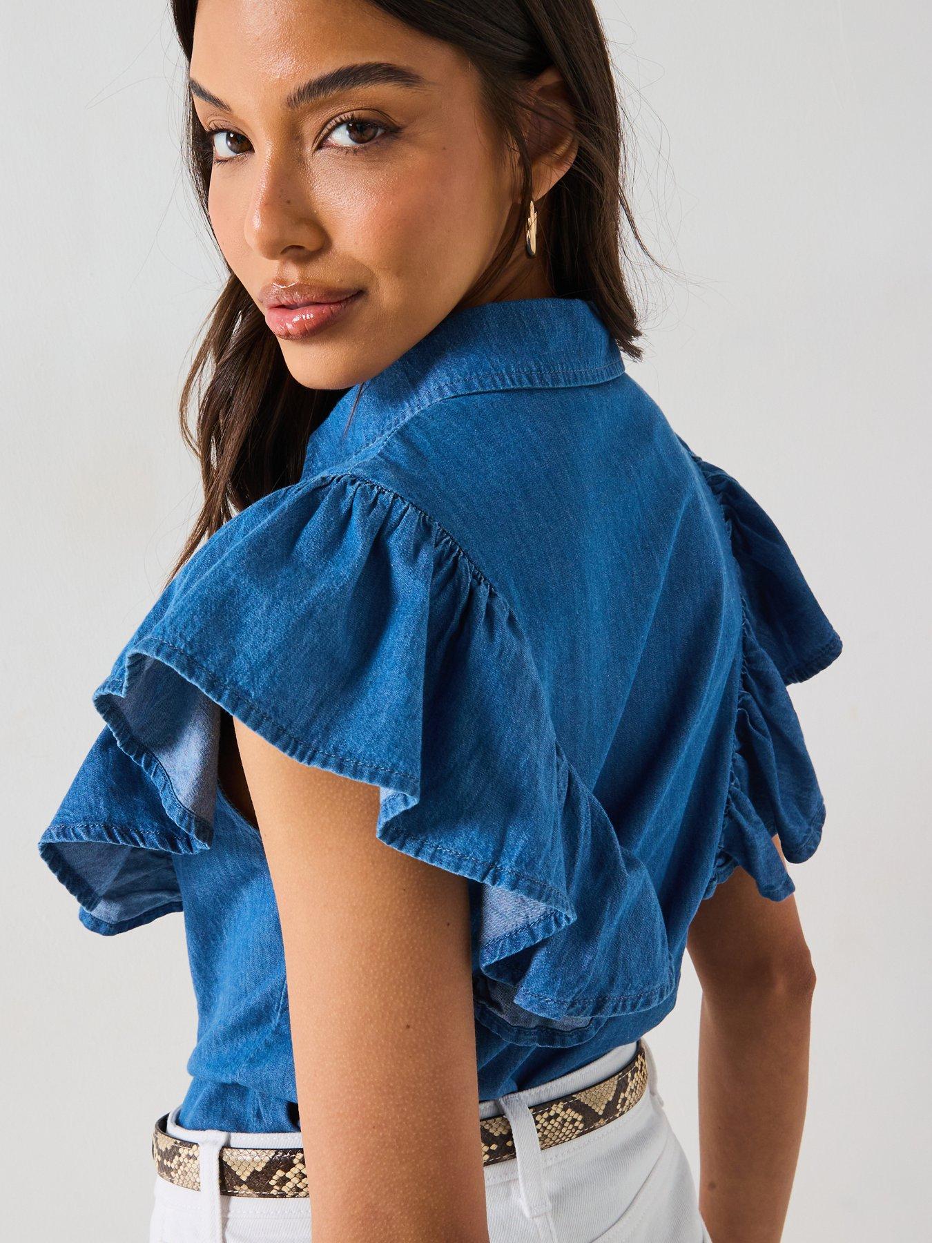 V by Very Denim Ruffle Shirt - Mid Wash | Littlewoods