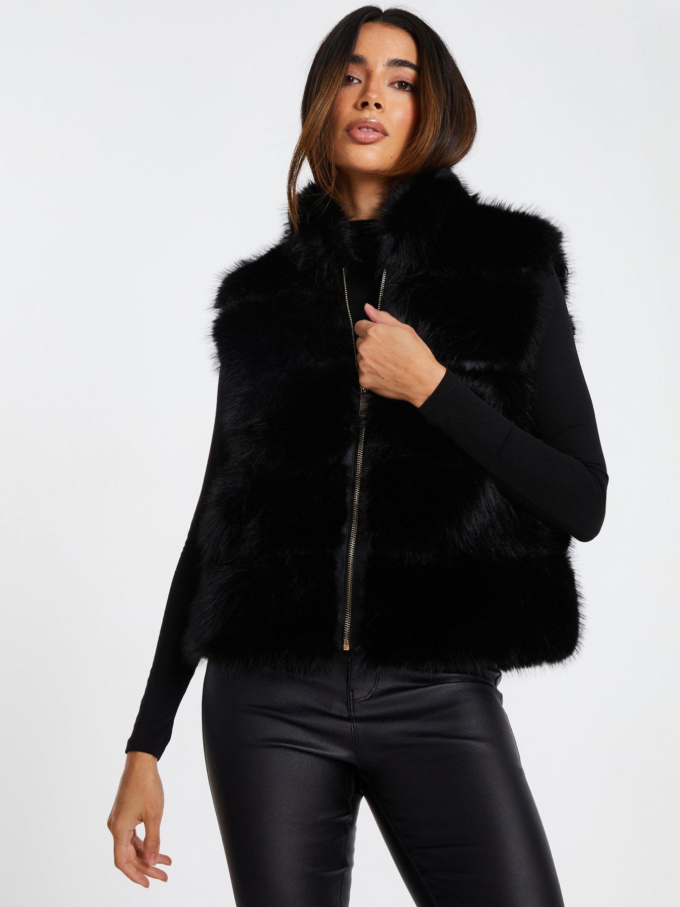 Quiz Black Faux Fur Zip Front Gilet | Littlewoods