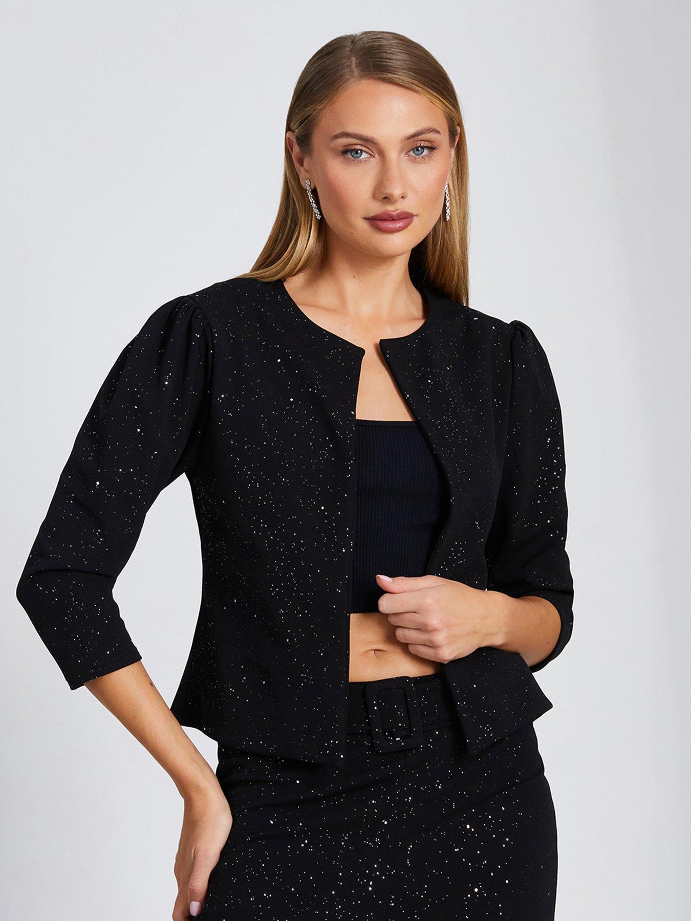 Quiz Black Glitter Cropped Jacket | Littlewoods