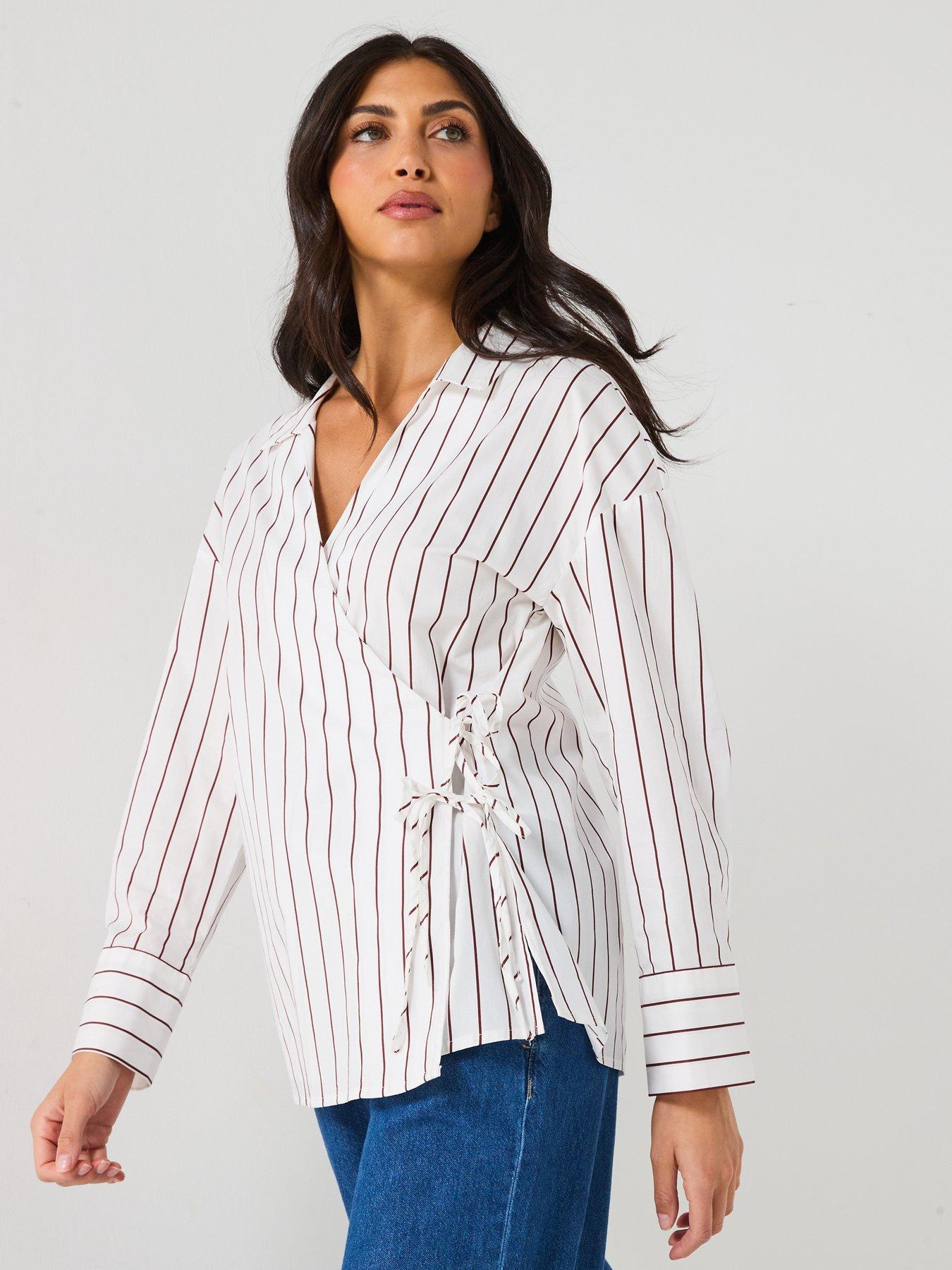 Only Tie Detail Stripe Cross Over Shirt - White/beige | Littlewoods